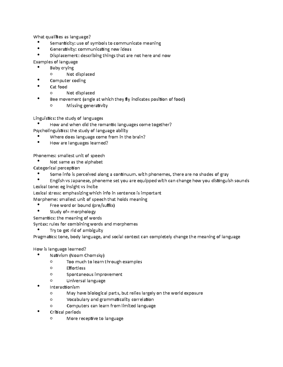 Language Notes - What qualifies as language? Semanticity: use of ...