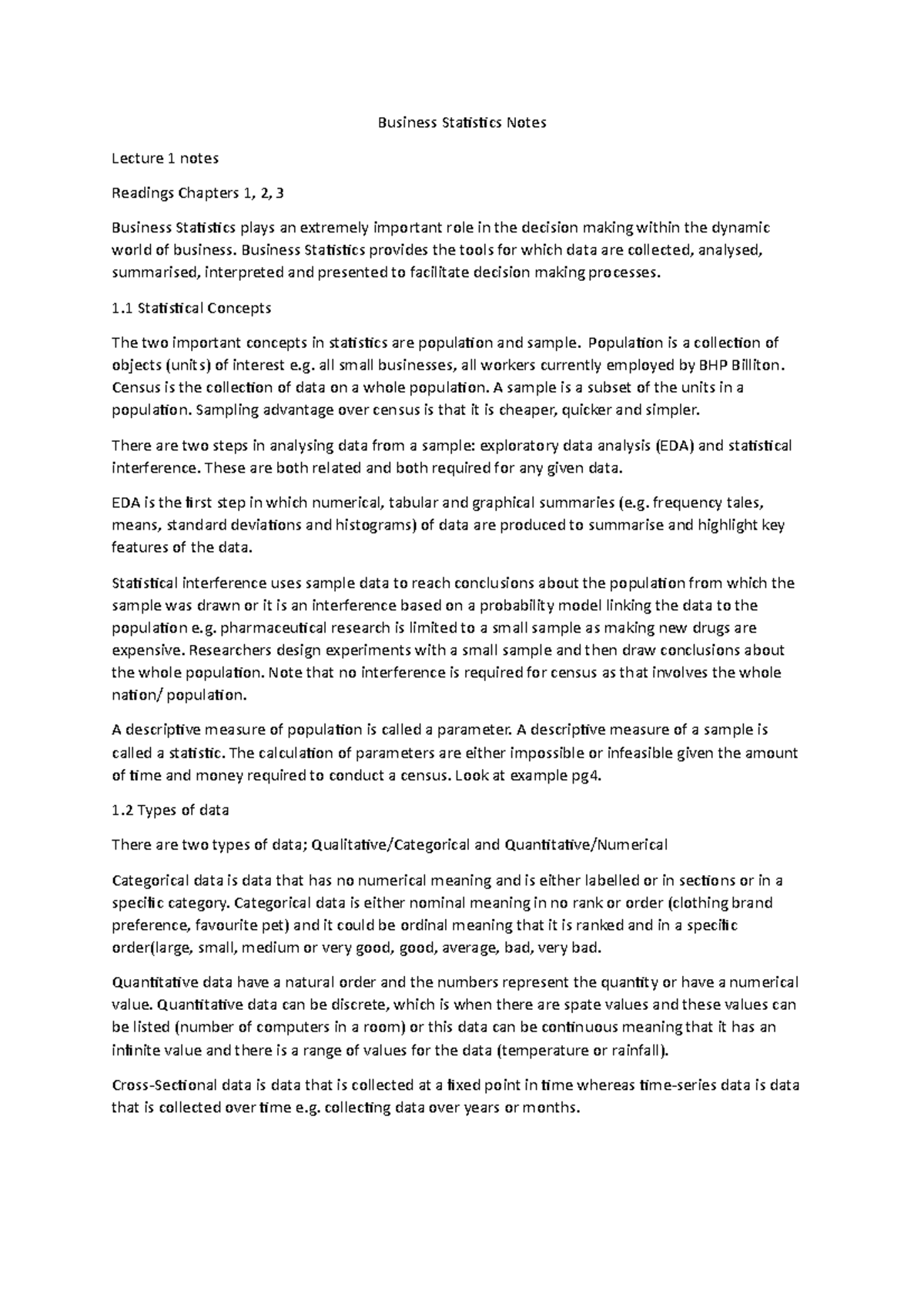 Business Statistics Notes - Business Statistics Notes Lecture 1 notes ...