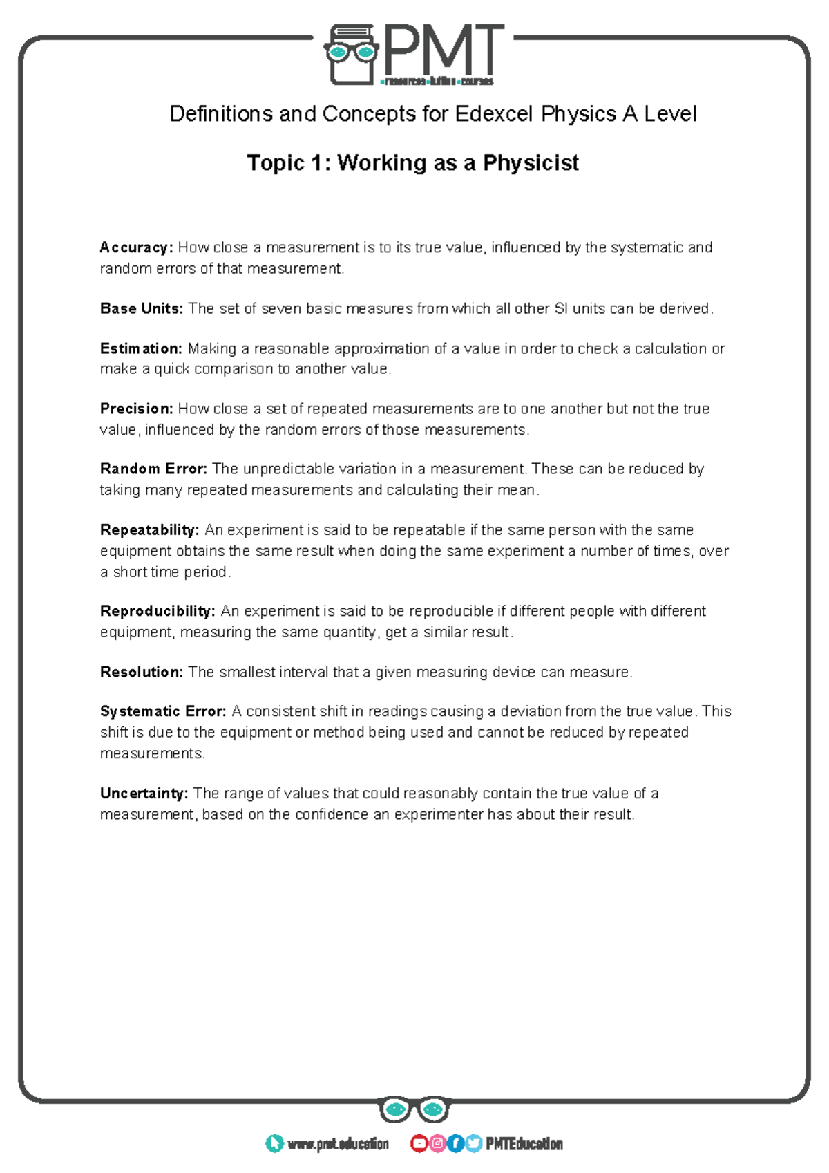 Definitions - Topic 1 Working as a Physicist - Edexcel Physics A-level ...