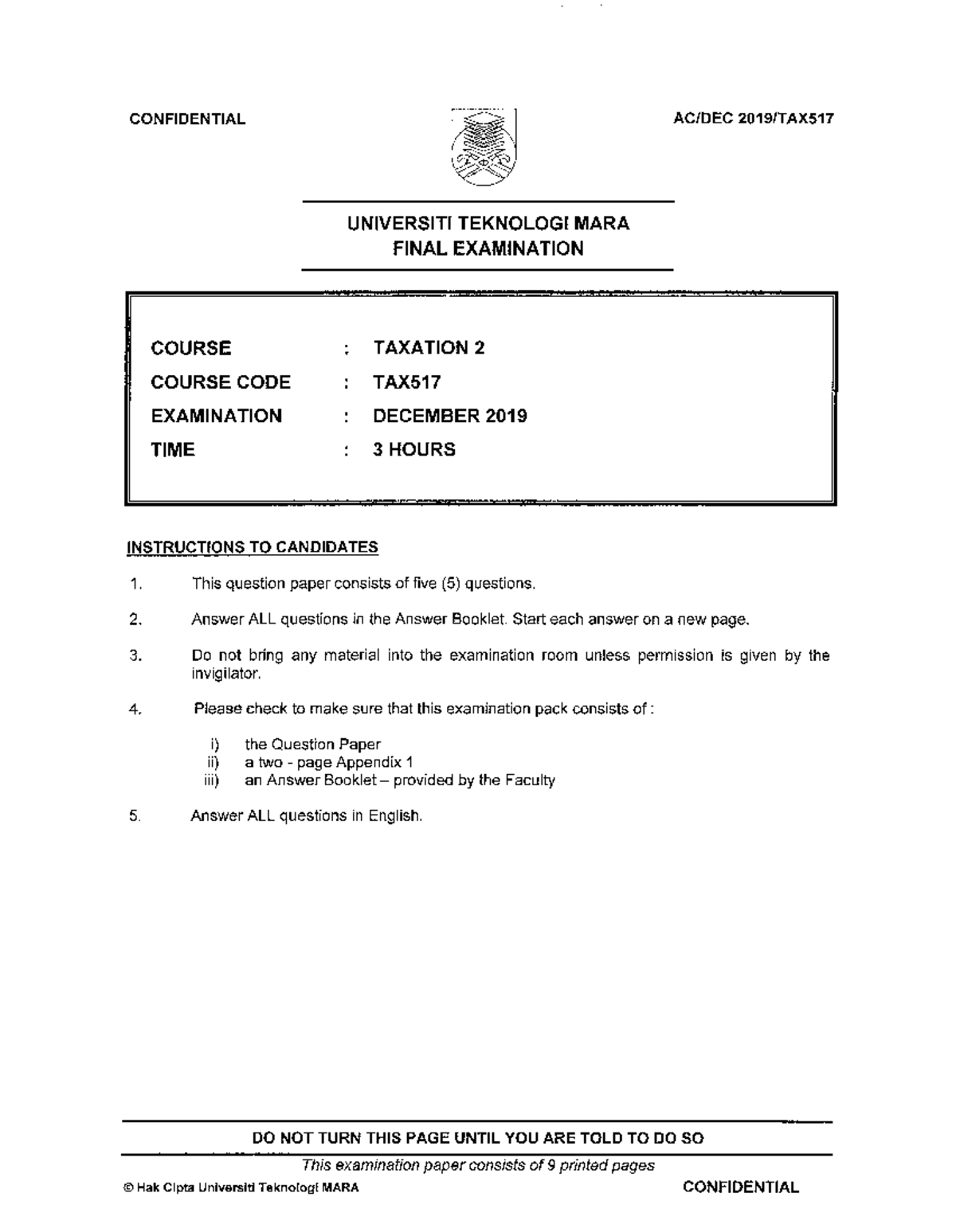 ADVANCE TAXATION - UNIVERSITITEKNOLOGIMARA FINALEXAMINATION COURSE ...