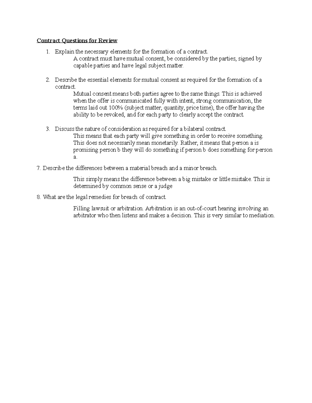 Contractreviewquestions - Contract Questions for Review Explain the ...