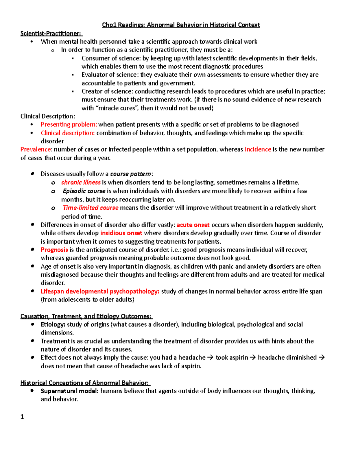 Abnormal behavior W1notes - Chp1 Readings: Abnormal Behavior in ...