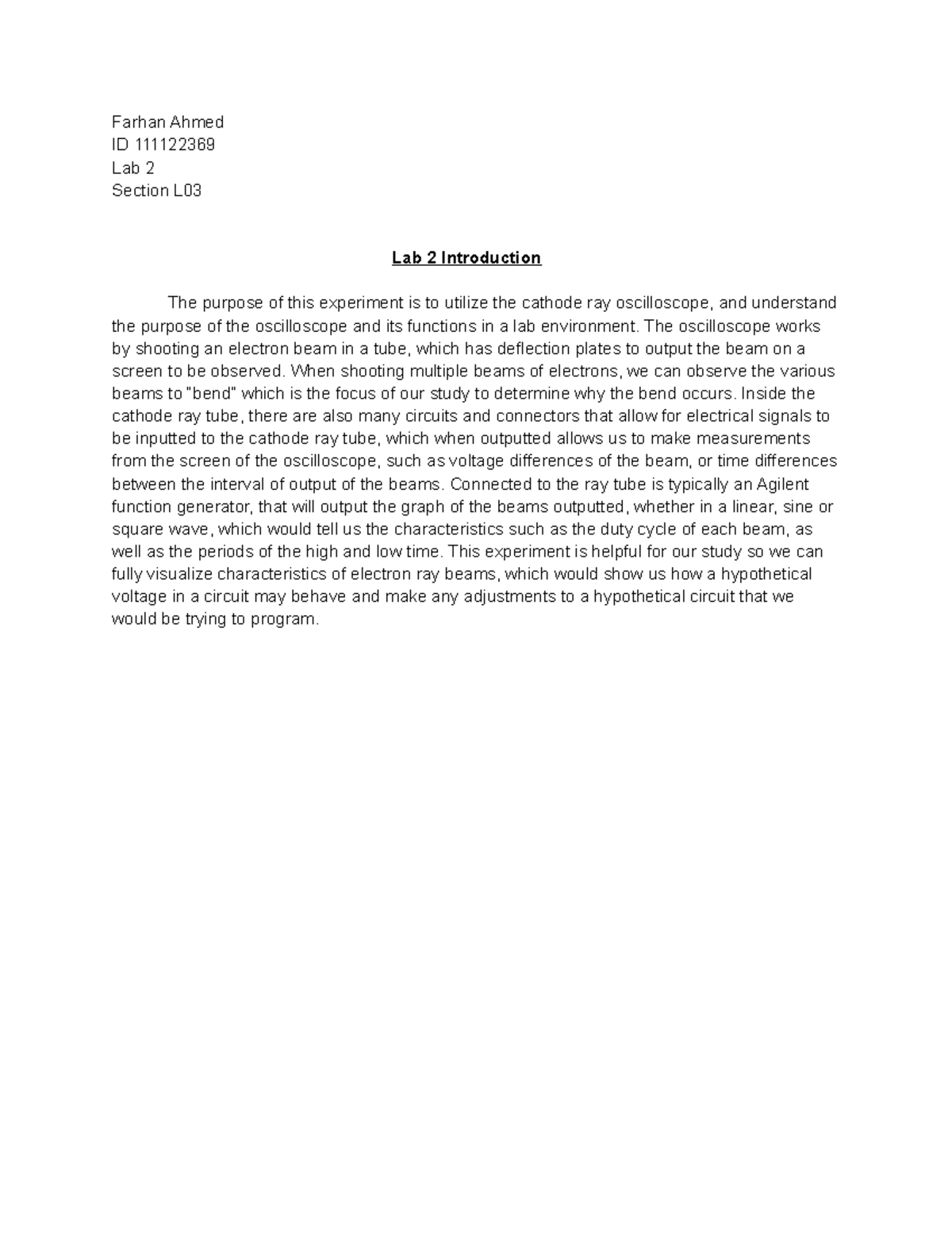 Lab 2 intro - Farhan Ahmed ID 111122369 Lab 2 Section L Lab 2 ...