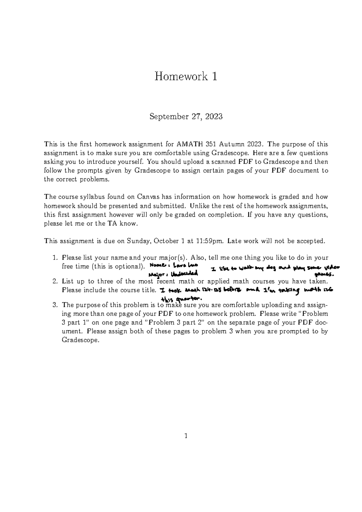 Homework 1 - practice material - Homework 1 September 27, 2023 This is ...