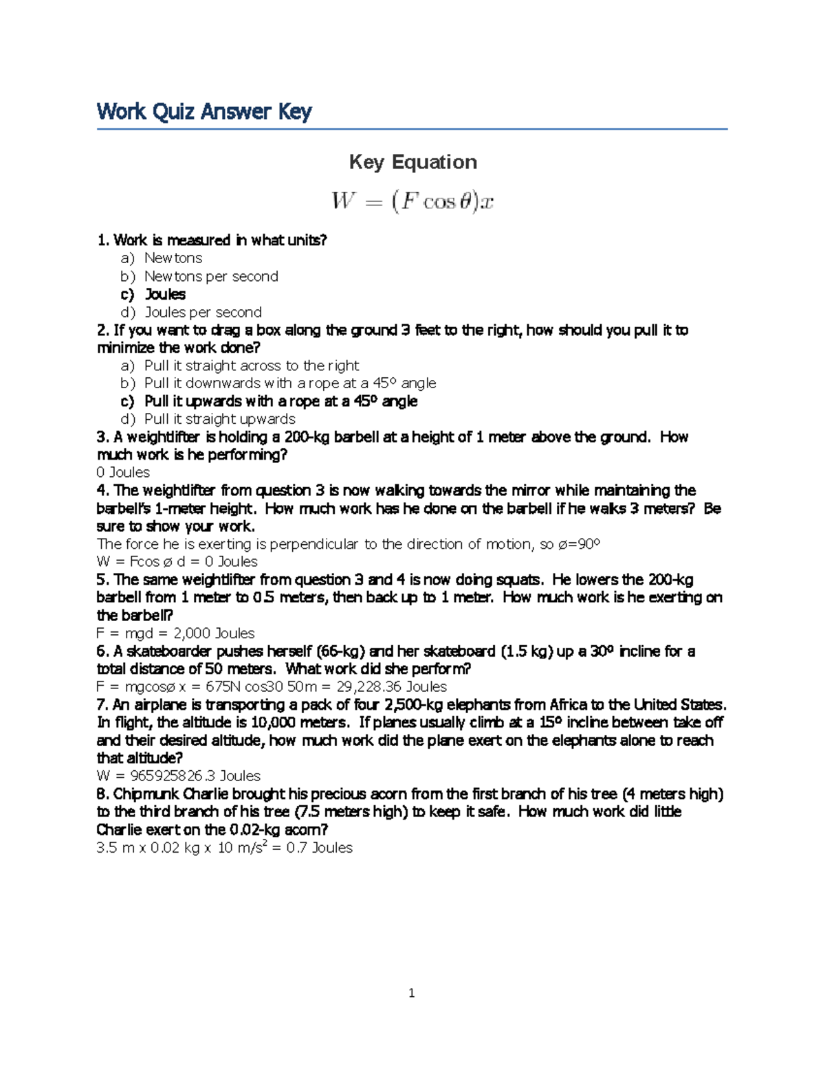 Work Quiz Answers PRACTICE LESSON 2.3 - Work Quiz Answer Key Key ...