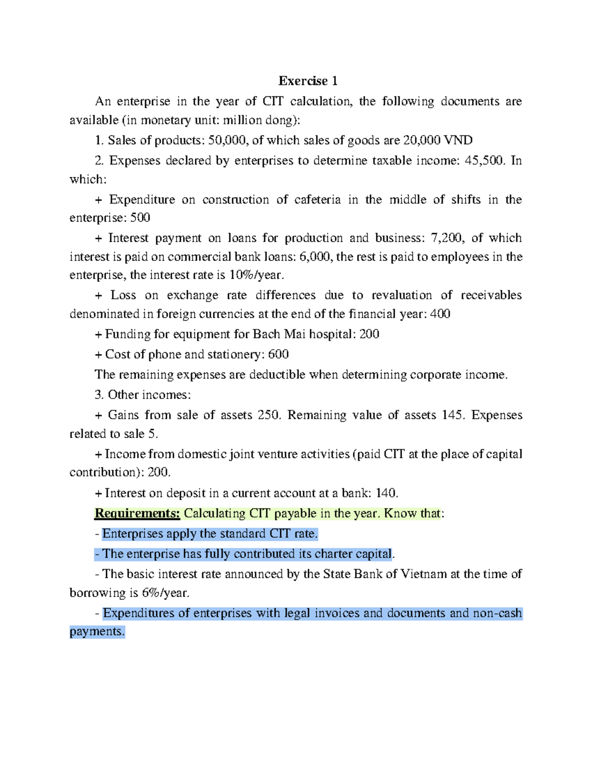CIT Exercise - CIT - Exercise 1 An enterprise in the year of CIT ...