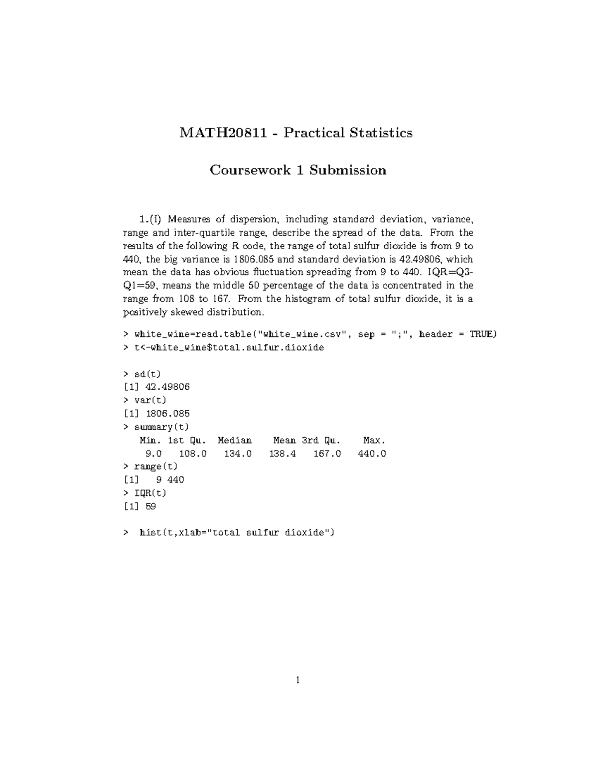 Coursework 1 - MATH20811 - Practical Statistics Coursework 1 Submission ...