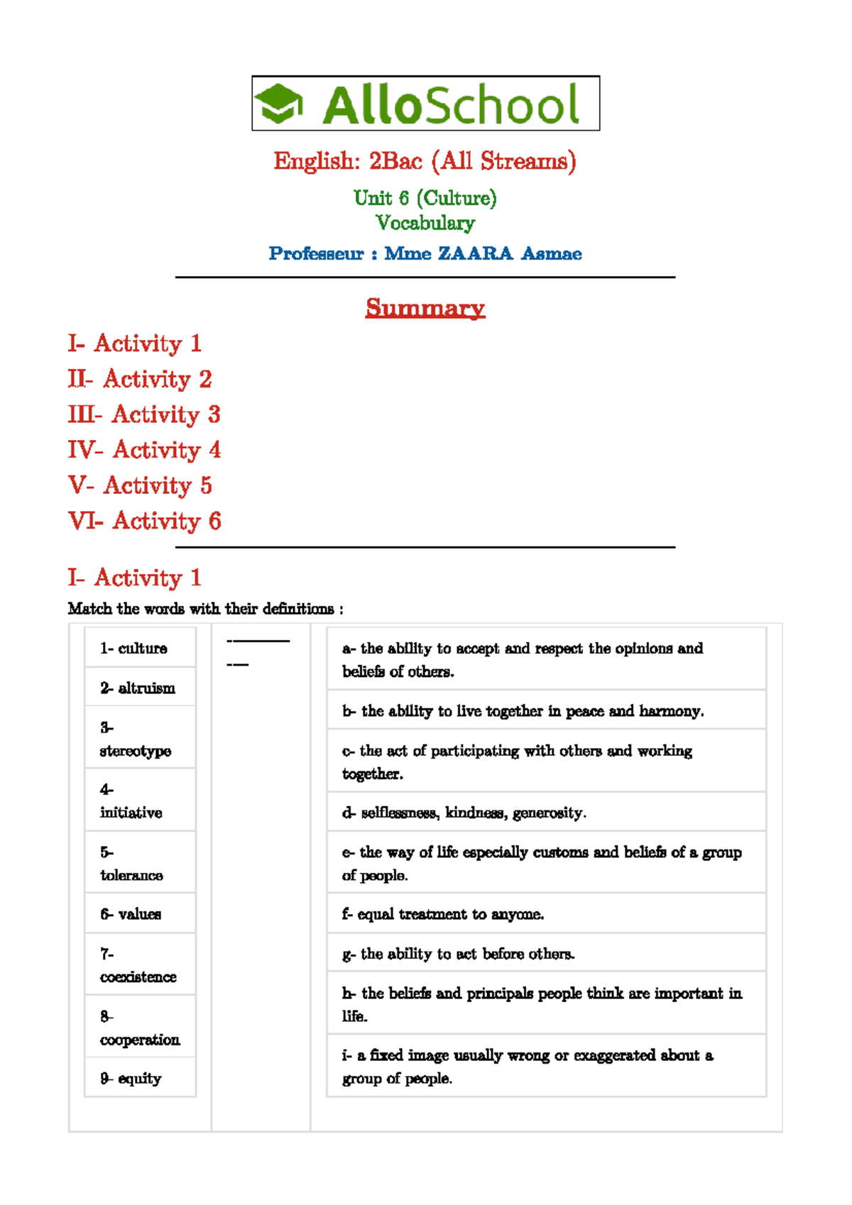 Vocabulary-6-9 - Culture - English - Studocu