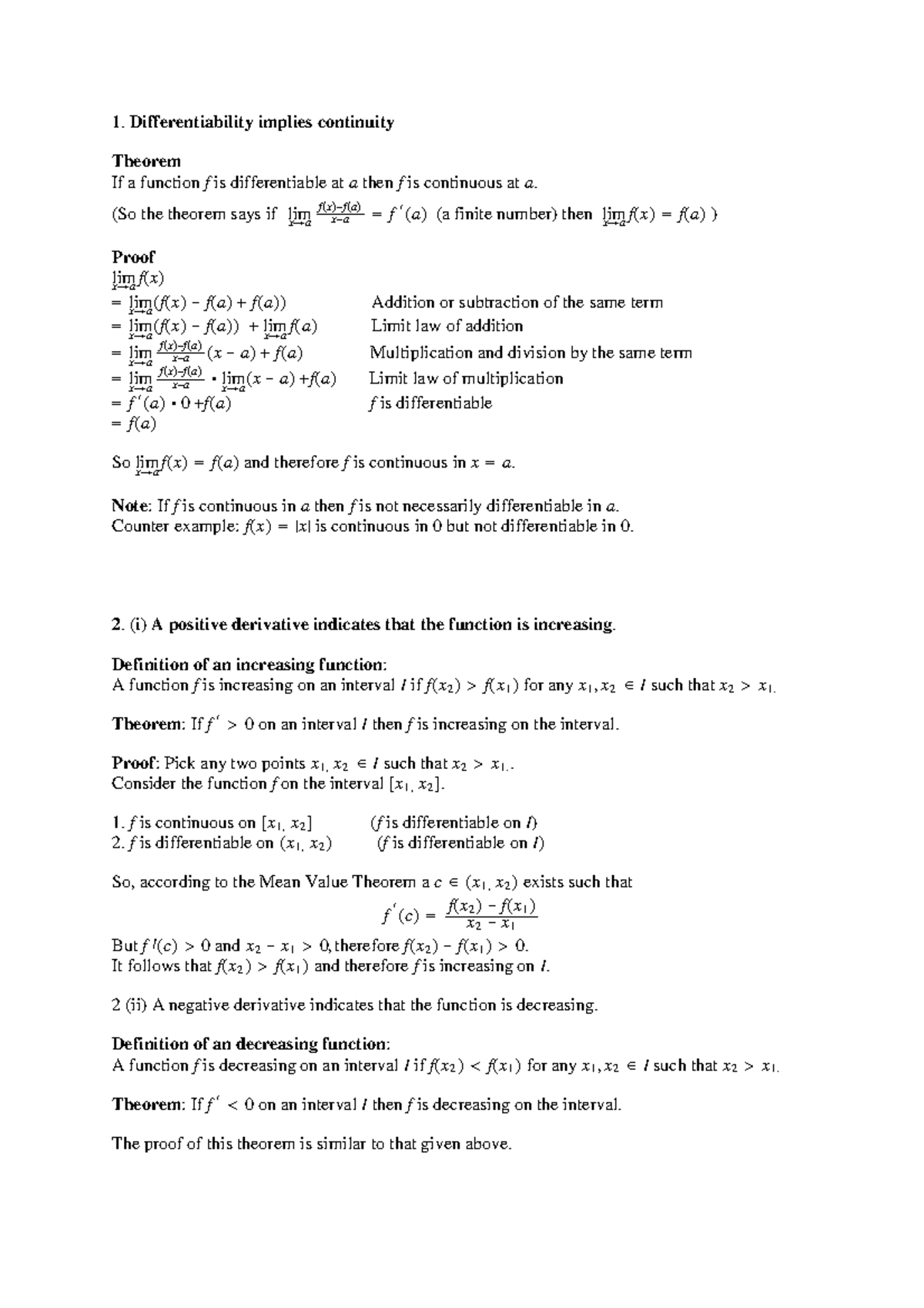 Proofs for sem test 2 - 1. Differentiability implies continuity Theorem ...
