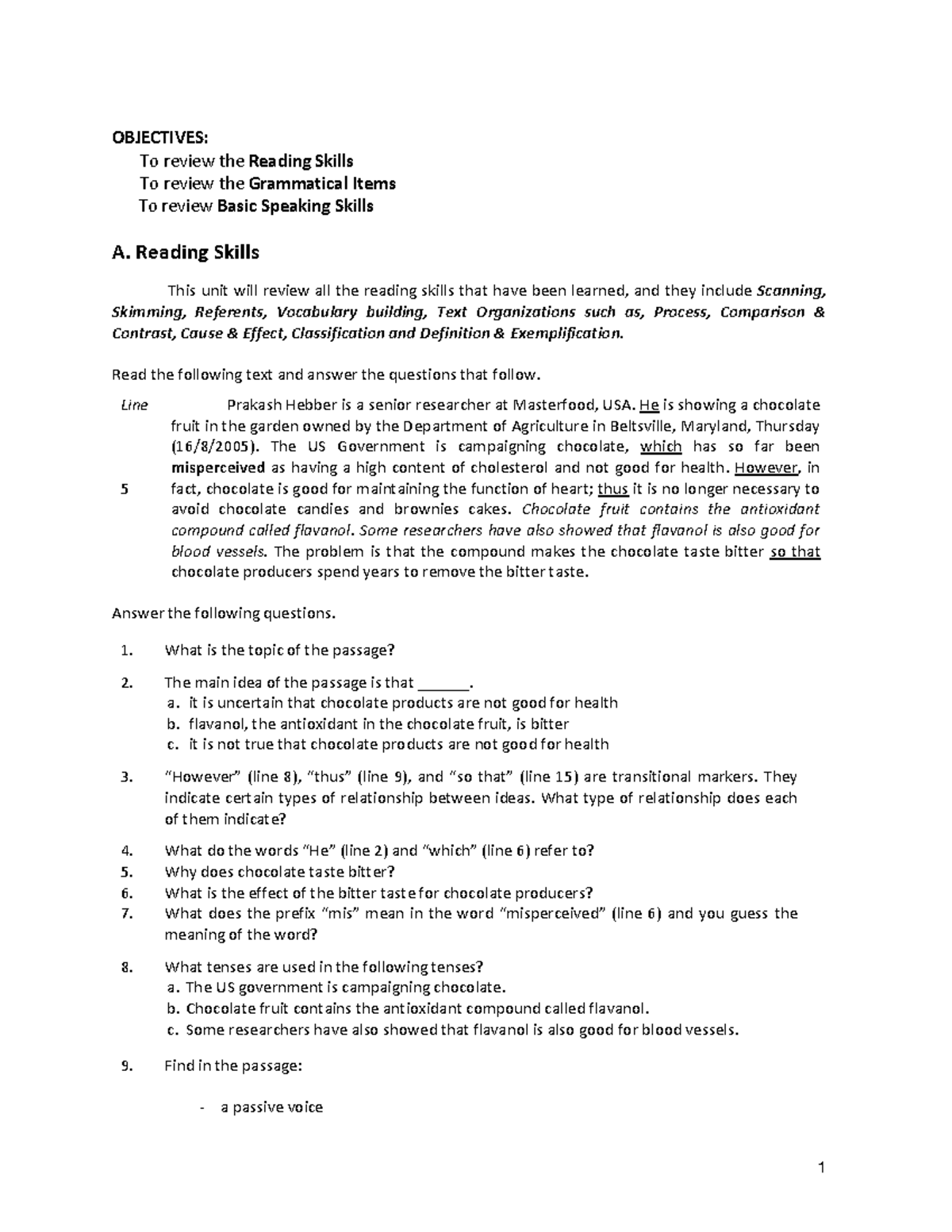 Review 2 - OBJECTIVES: To review the Reading Skills To review the ...