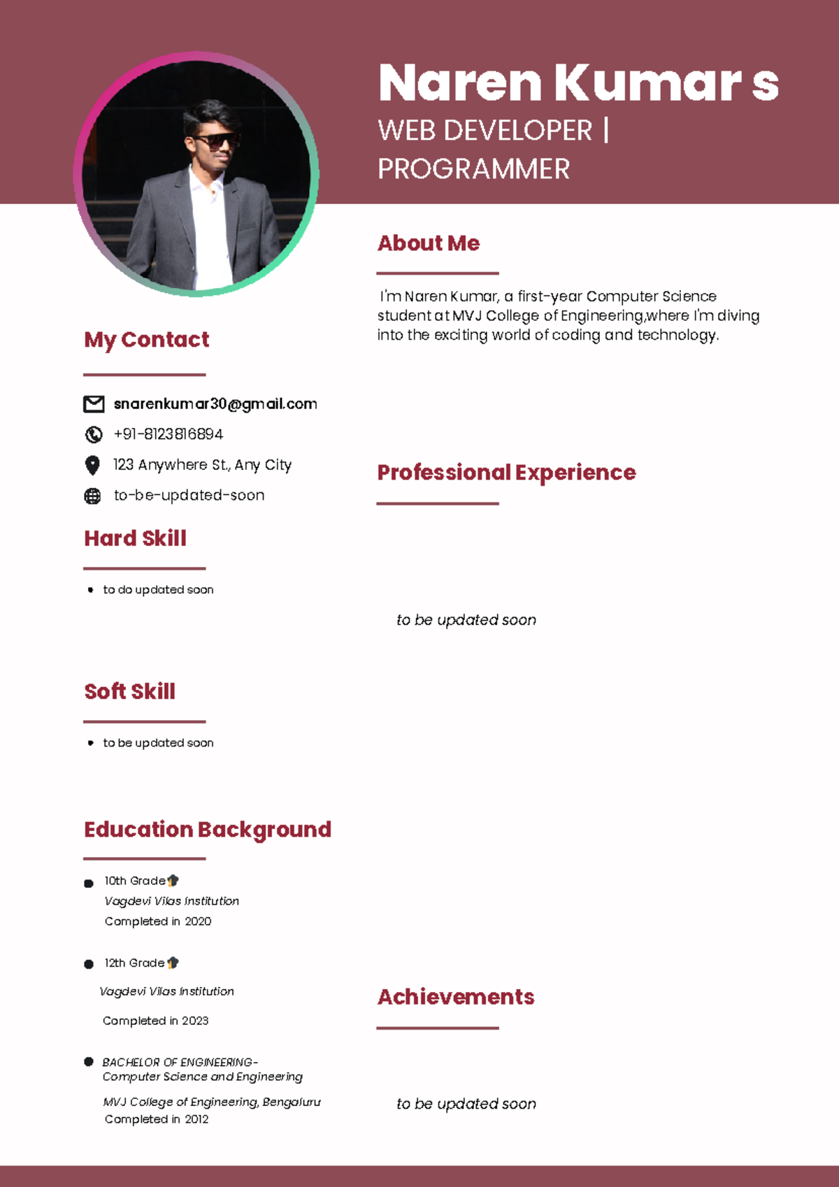 Sample resume - ghhfg - Naren Kumar s WEB DEVELOPER | PROGRAMMER About Me Professional ...