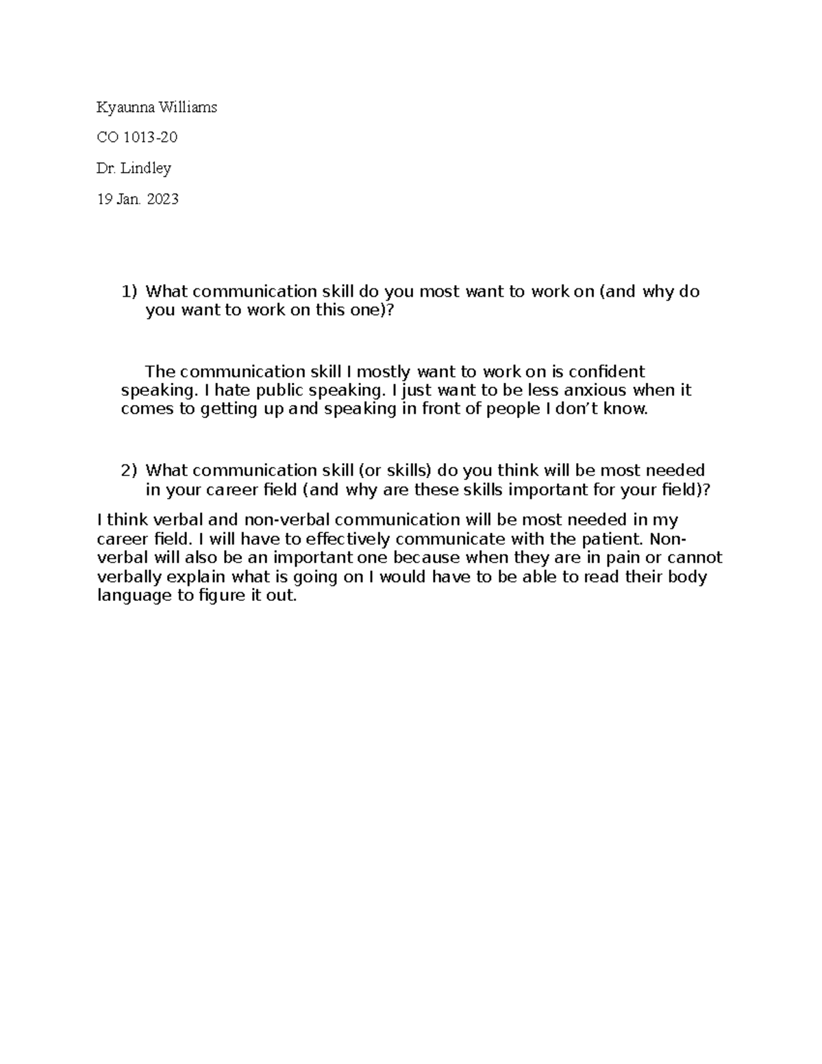 Intro to Communication Homework 1 - Kyaunna Williams CO 1013- Dr ...