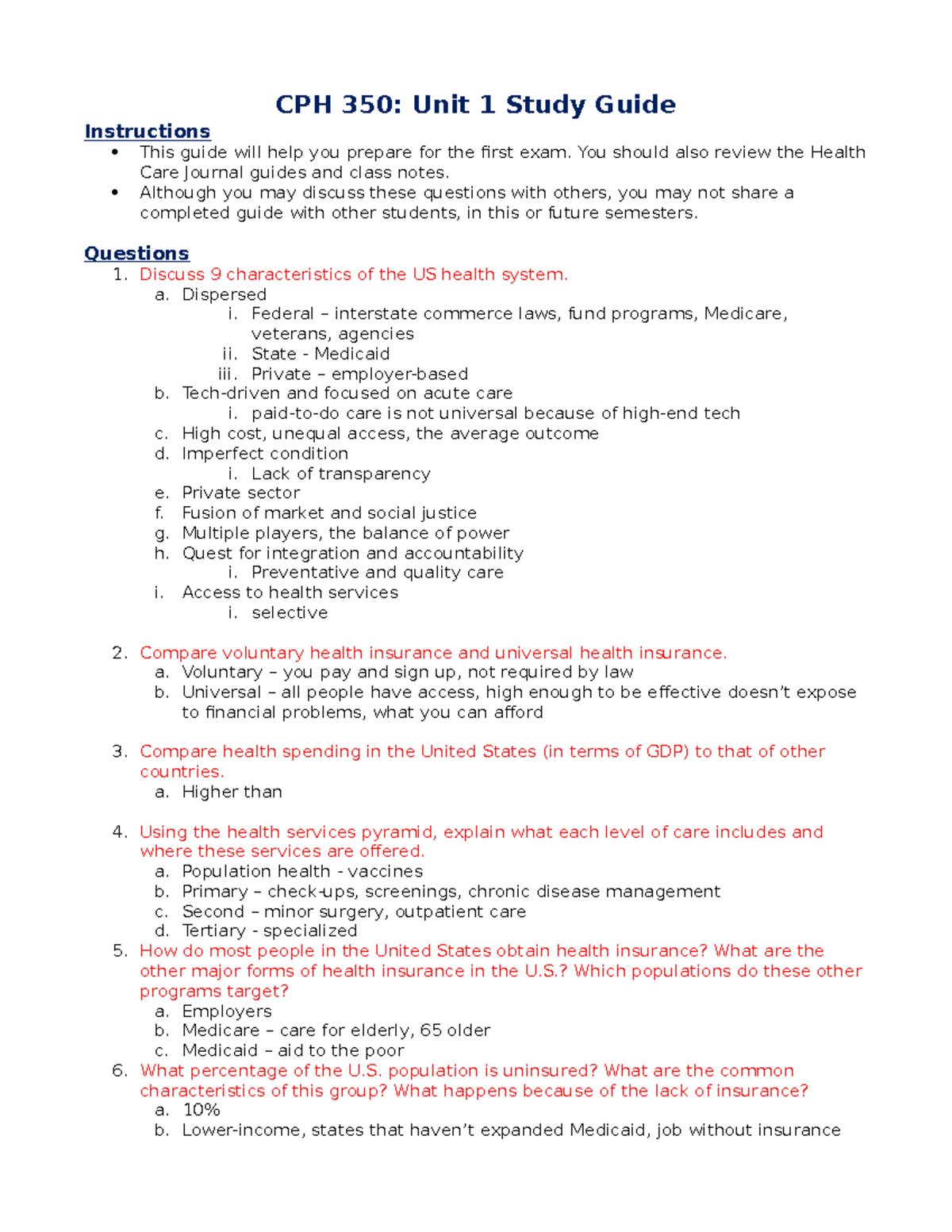 Midterm Study Guide - CPH 350: Unit 1 Study Guide Instructions This ...