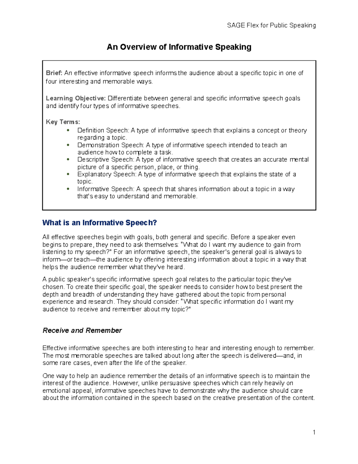 Inform speeches section 01 module 01 - SAGE Flex for Public Speaking 1 ...