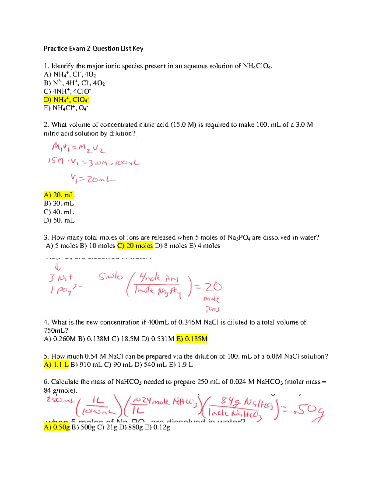 Exam 2 Practice Problems Key - Practice Exam 2 Question List Key Identify the major ionic ...