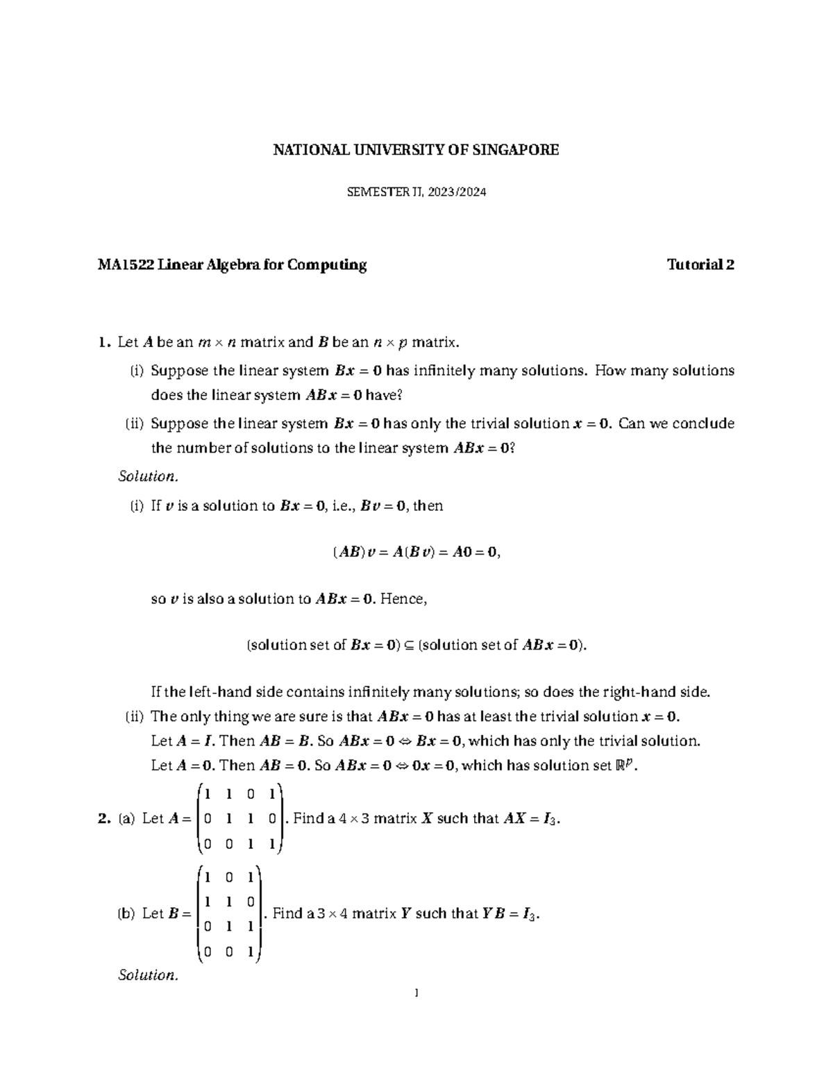 Tut2s - this is the tutoiral - NATIONAL UNIVERSITY OF SINGAPORE SEMESTER II, 2023/ MA1522 Linear ...