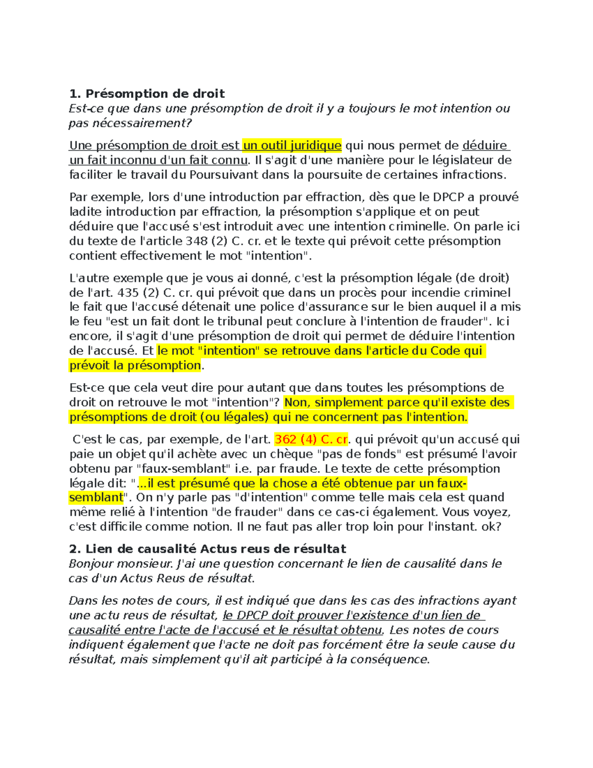Questions et réponses en classe - 1. Présomption de droit Est-ce que ...