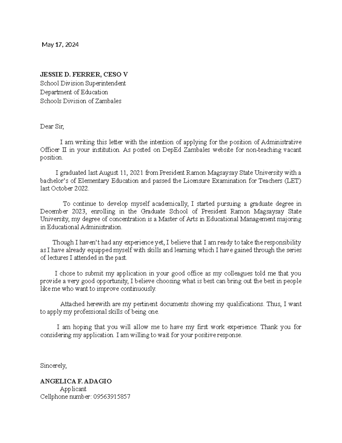 Intent Letter AO II Angie - May 17, 2024 JESSIE D. FERRER, CESO V ...