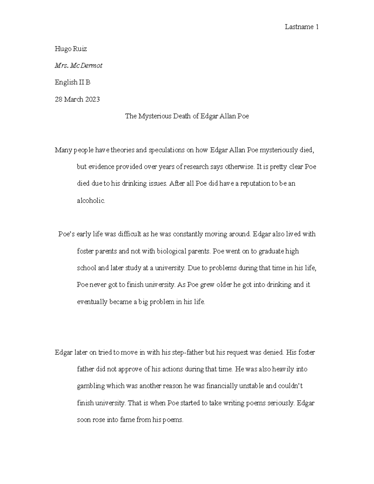MLA Template 7 - edgar allan poe - Lastname 1 Hugo Ruiz Mrs. McDermot ...