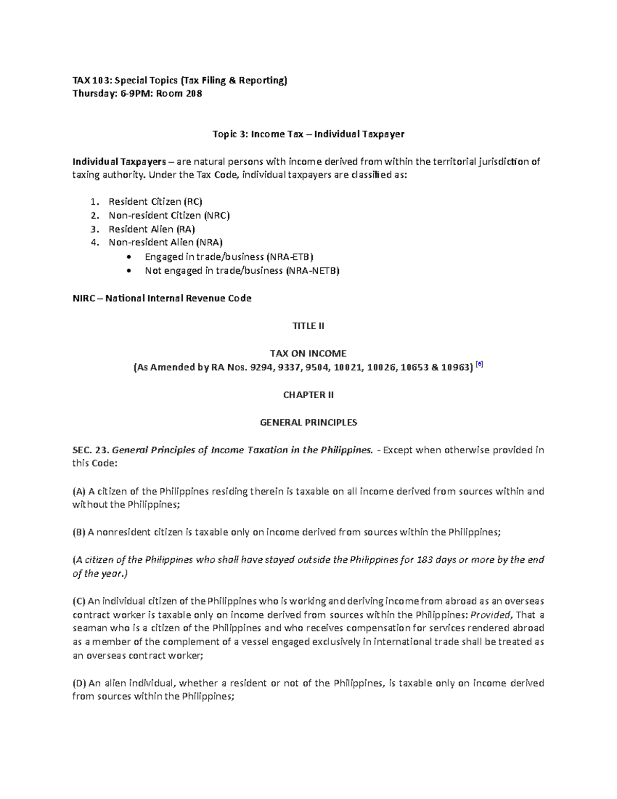 Topic 3 - Income Tax (Individual Taxpayer) - TAX 103: Special Topics ...