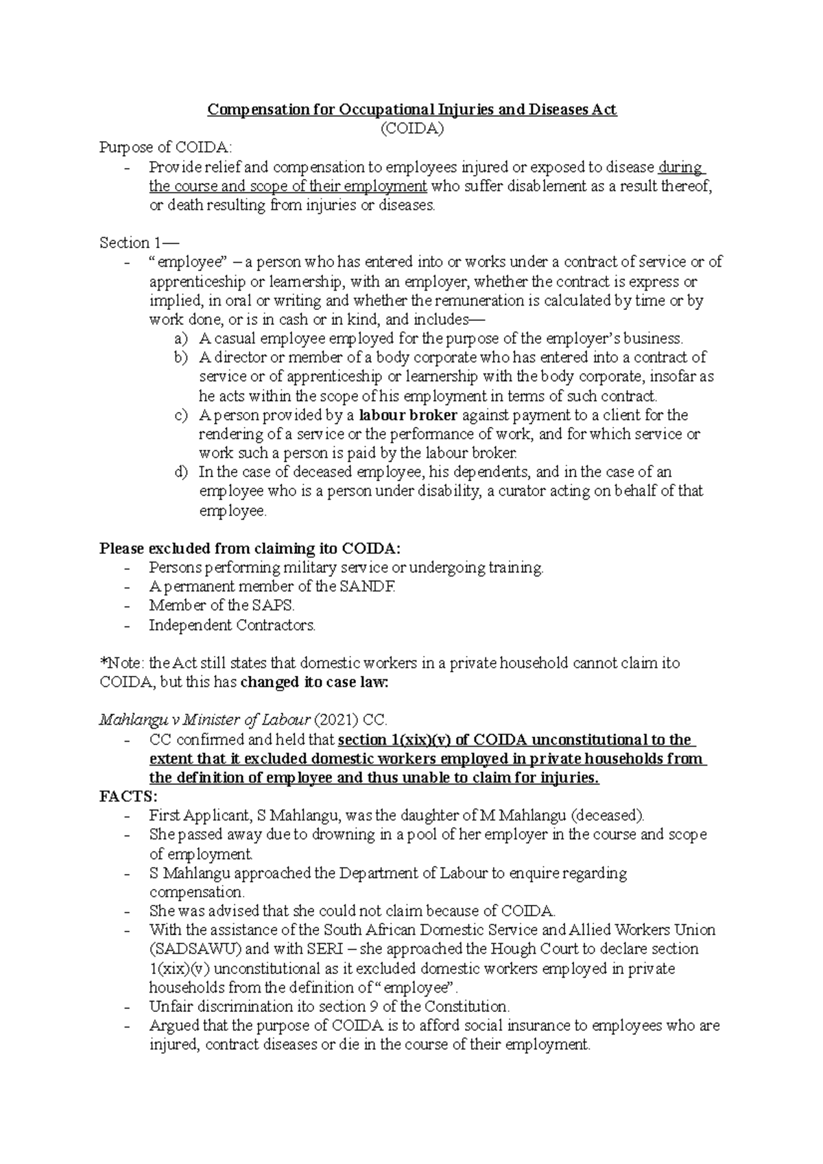 Compensation for Occupational Injuries and Diseases Act - Compensation ...