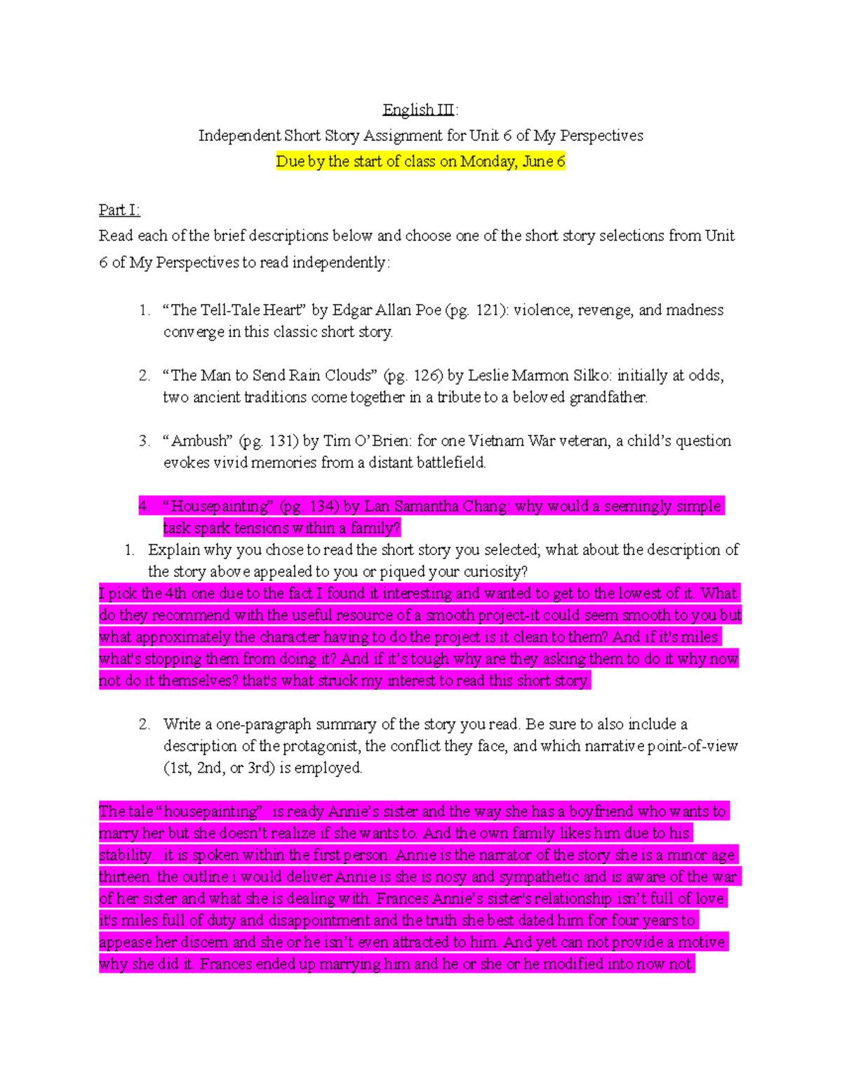 Independent short story - English III: Independent Short Story ...