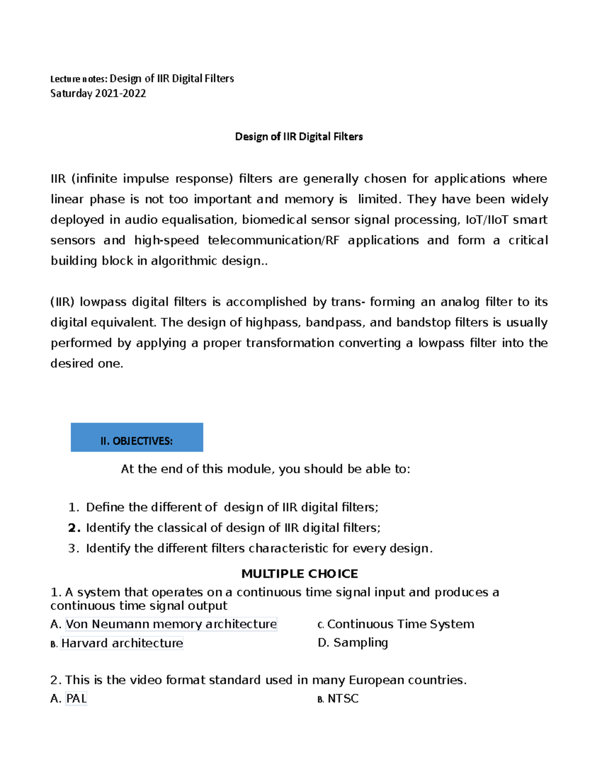 Lecture notes Design of IIR Digital Filters - Lecture notes: Design of ...