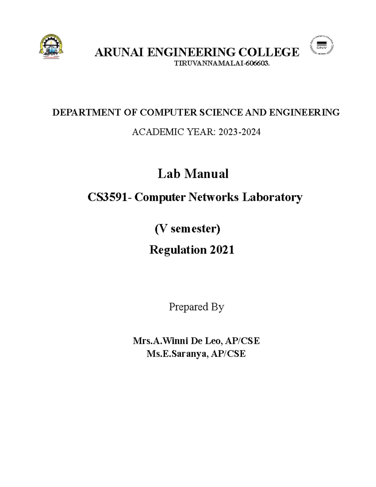 CS3591 Networks Lab Manualnetwor - ARUNAI ENGINEERING COLLEGE ...