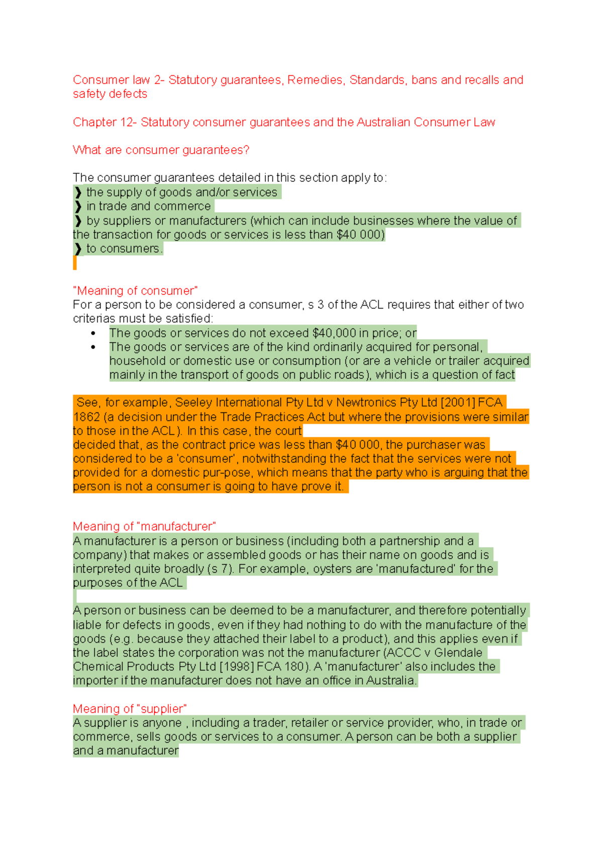 Consumer law 2 notes - Consumer law 2- Statutory guarantees, Remedies ...