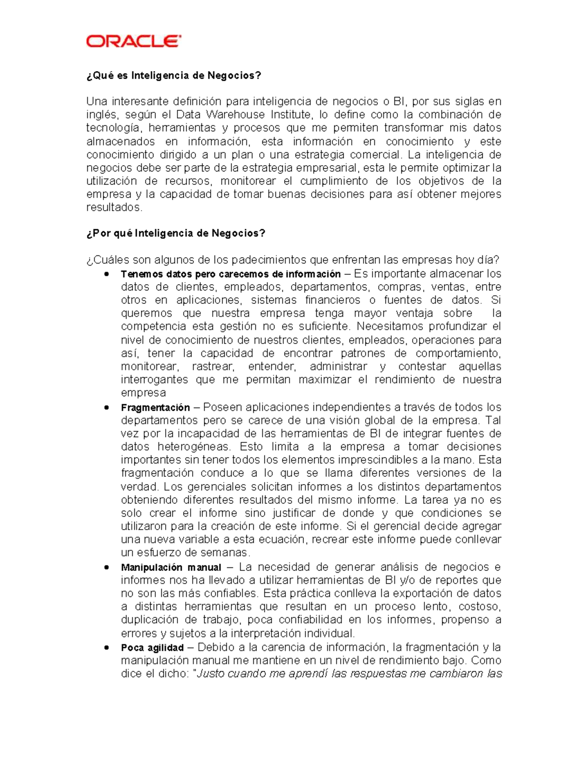 Lectura 4 Guia Oracle - ¿Qué es Inteligencia de Negocios? Una ...