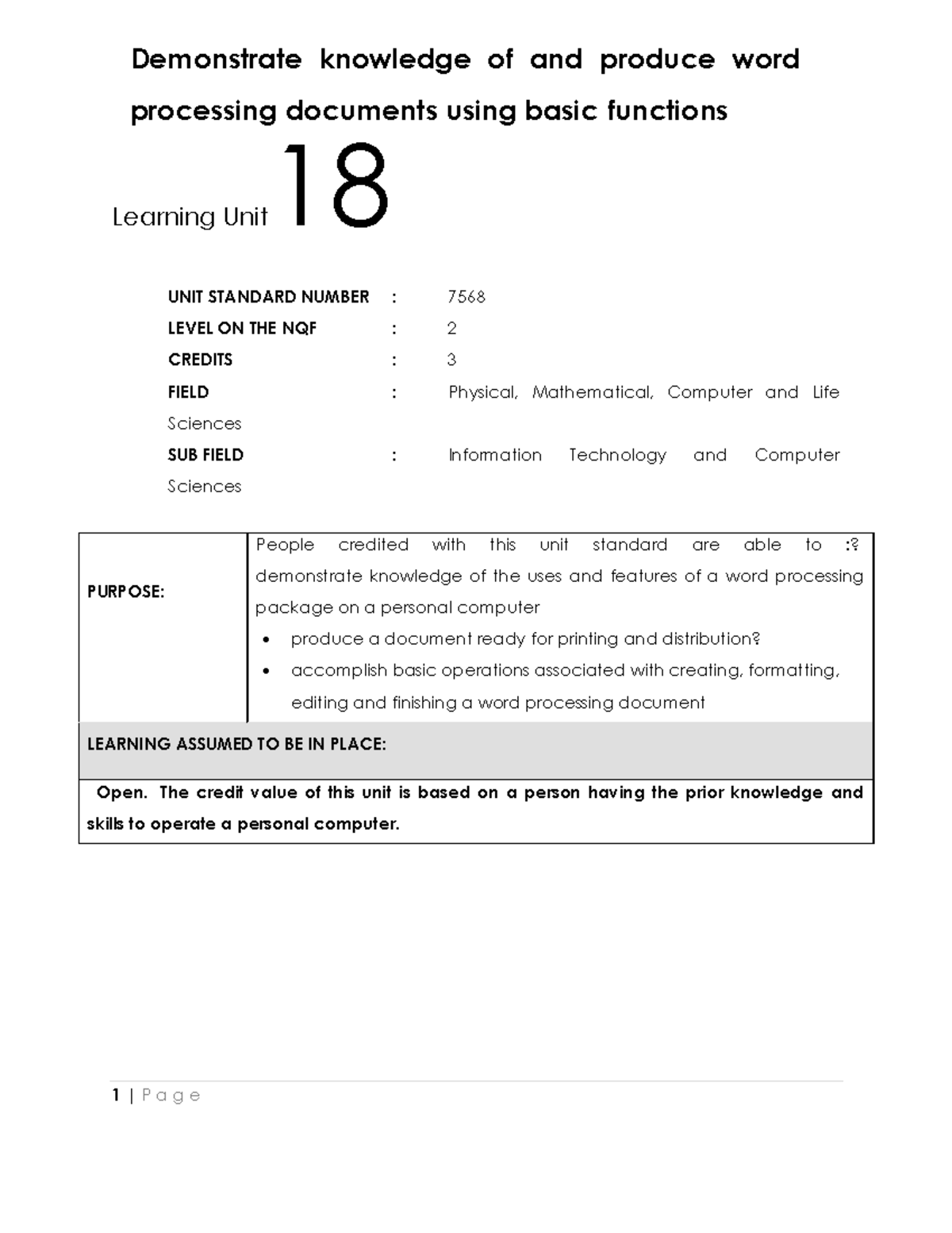 Demonstrate knowledge of and produce word processing documents using ...