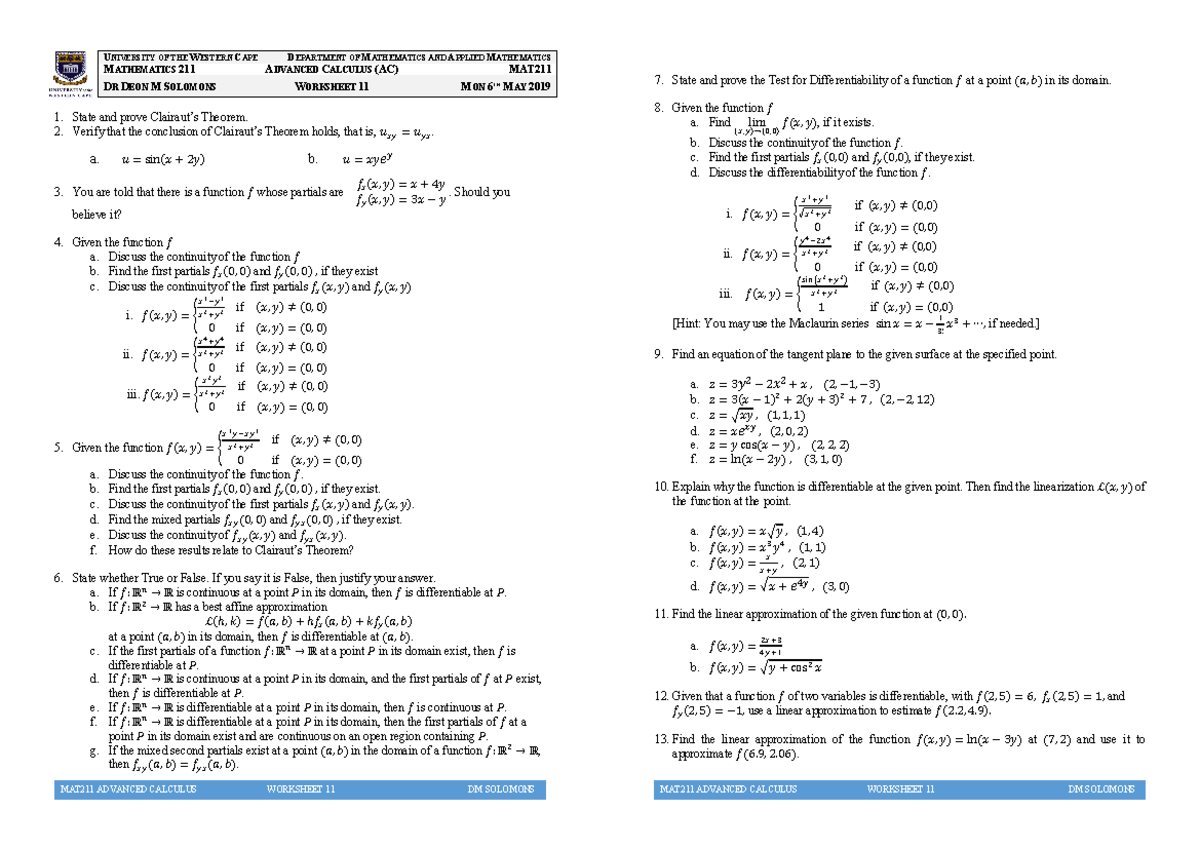 MAT211 Advanced Calculus Worksheet 11 Monday 6 May 2019 - MAT211 ...