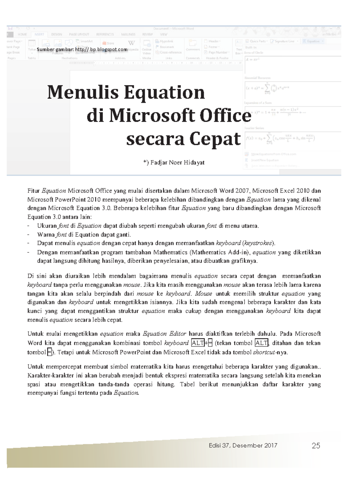 Equation Ms Word limas 37 - Edisi 37, Desember 2017 25 Menulis Equation ...