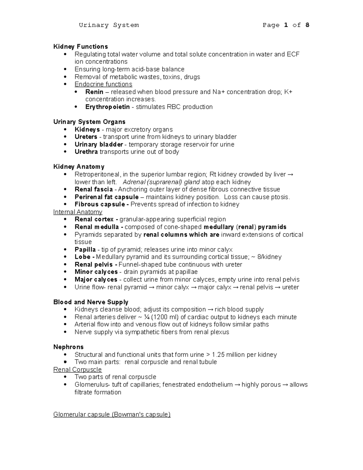 Urinary System notes - Kidney Functions Regulating total water volume ...