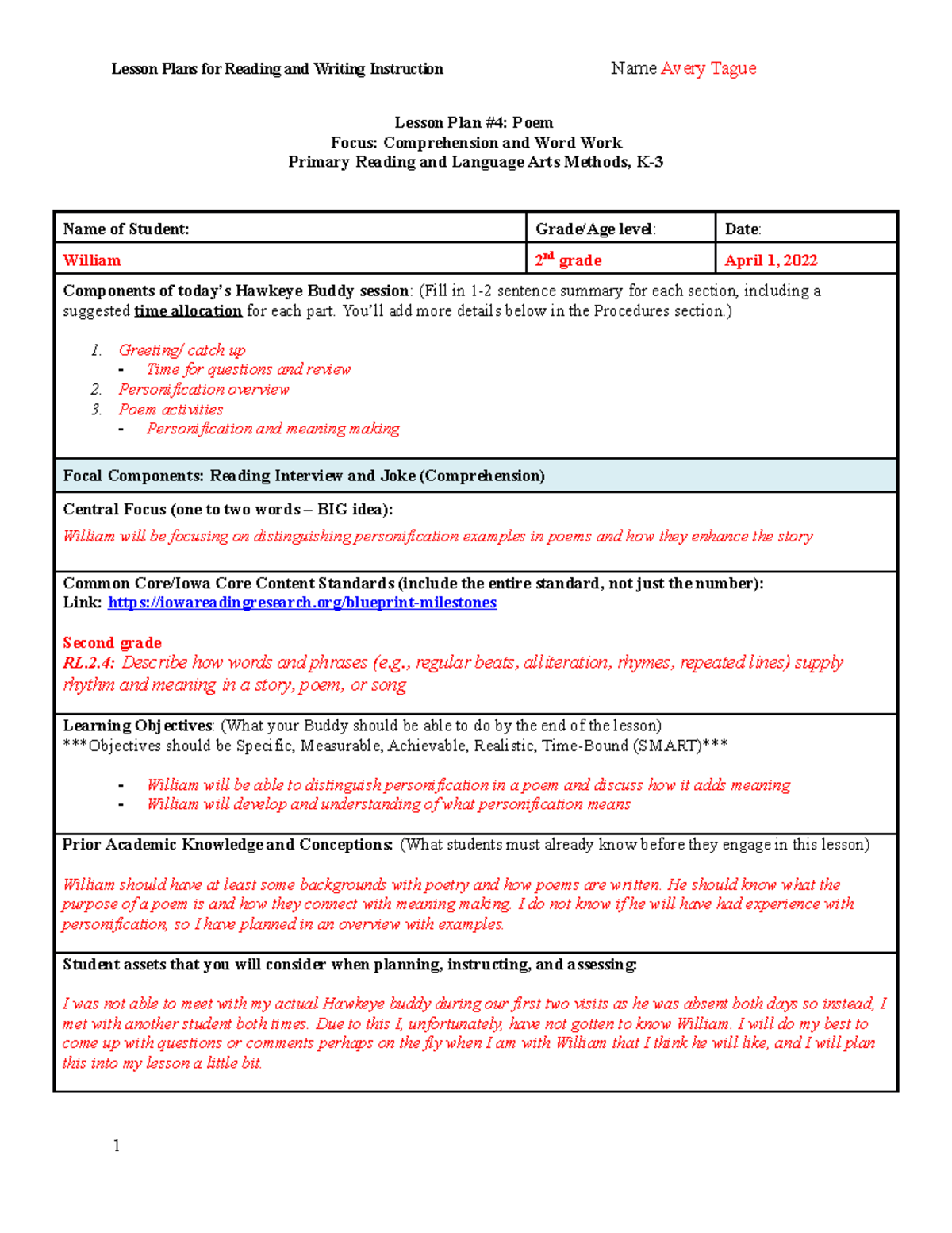 Lesson plan 4 - Lesson Plans for Reading and Writing Instruction Name ...