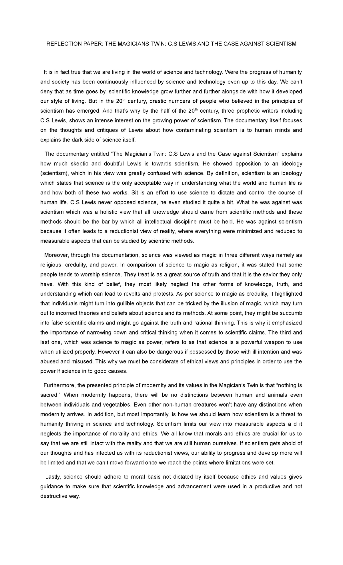 Scientism Reflection Paper - REFLECTION PAPER: THE MAGICIANS TWIN: C ...