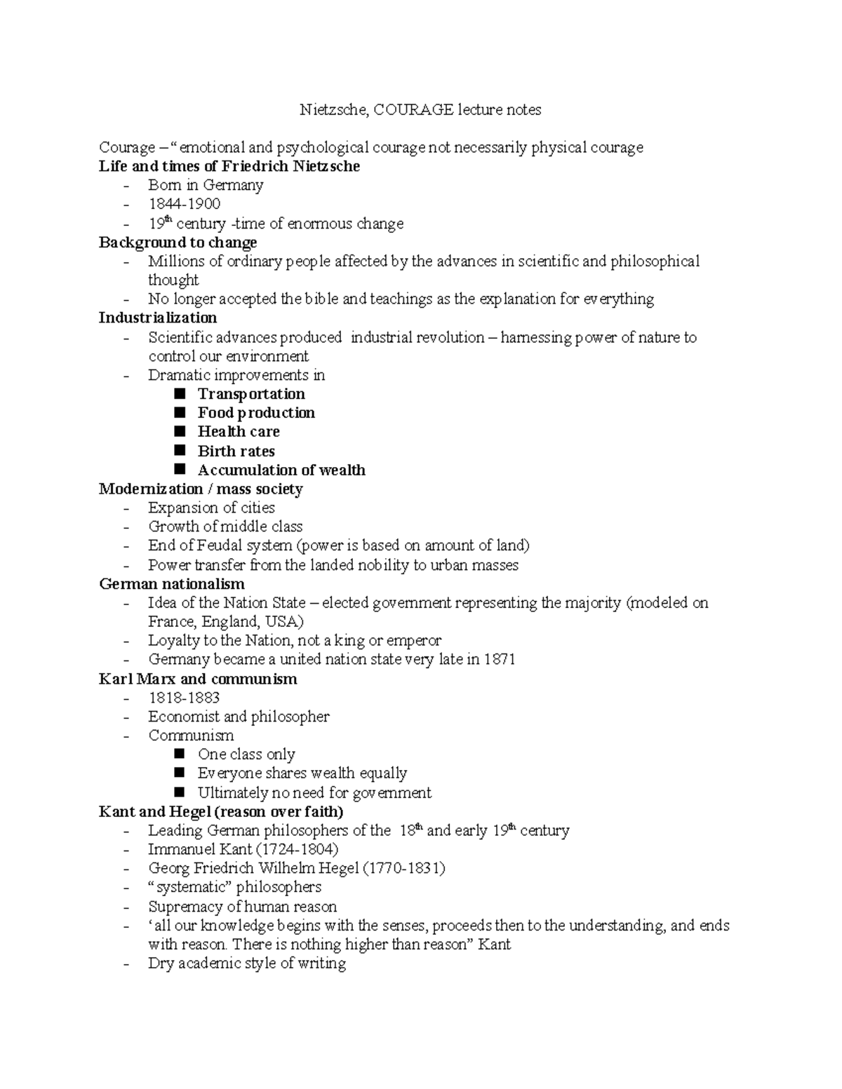 Nietzsche notes - Nietzsche, COURAGE lecture notes Courage – “emotional ...