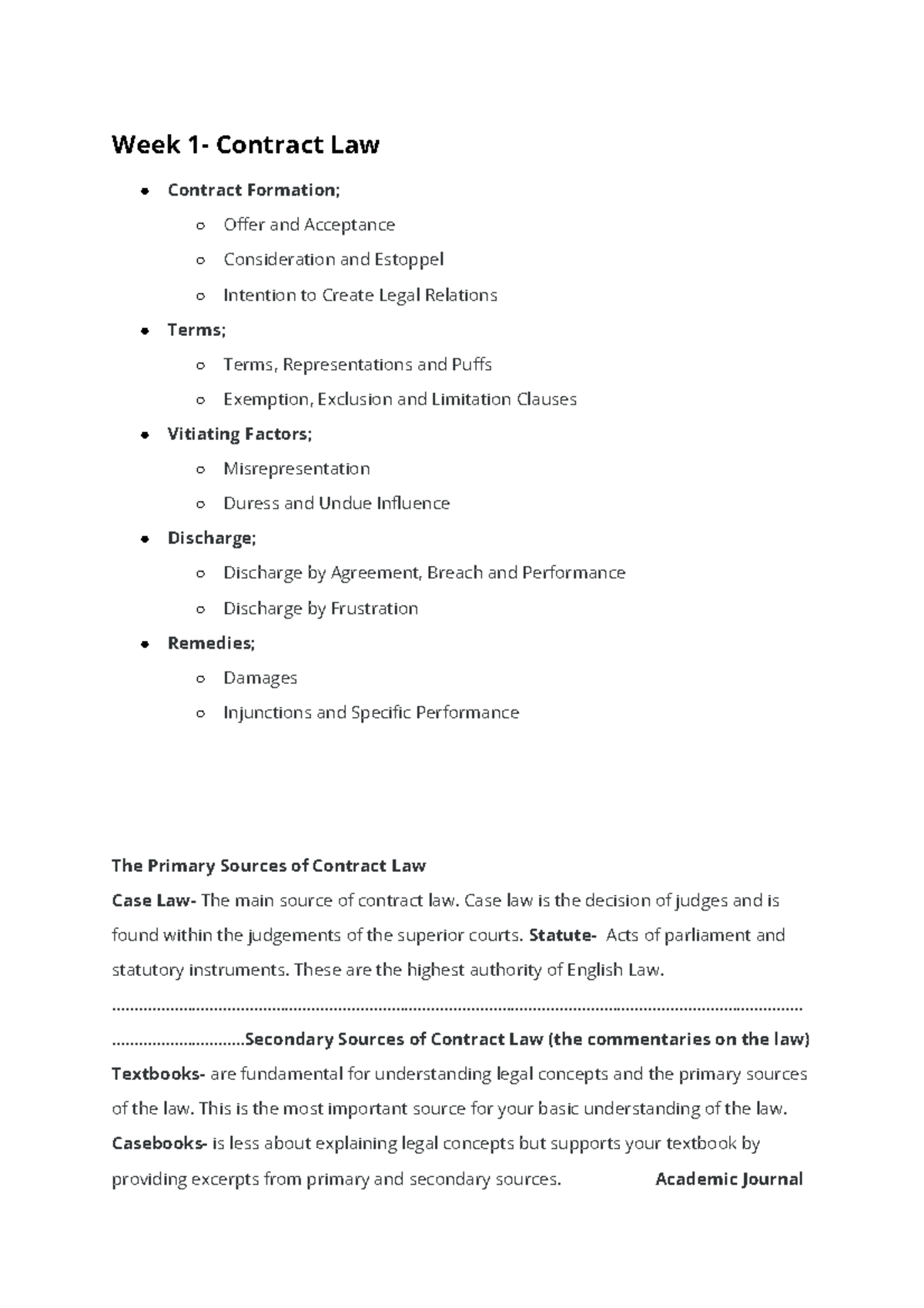 Week 1 Contract Law - Basic beginner information - Week 1- Contract Law ...