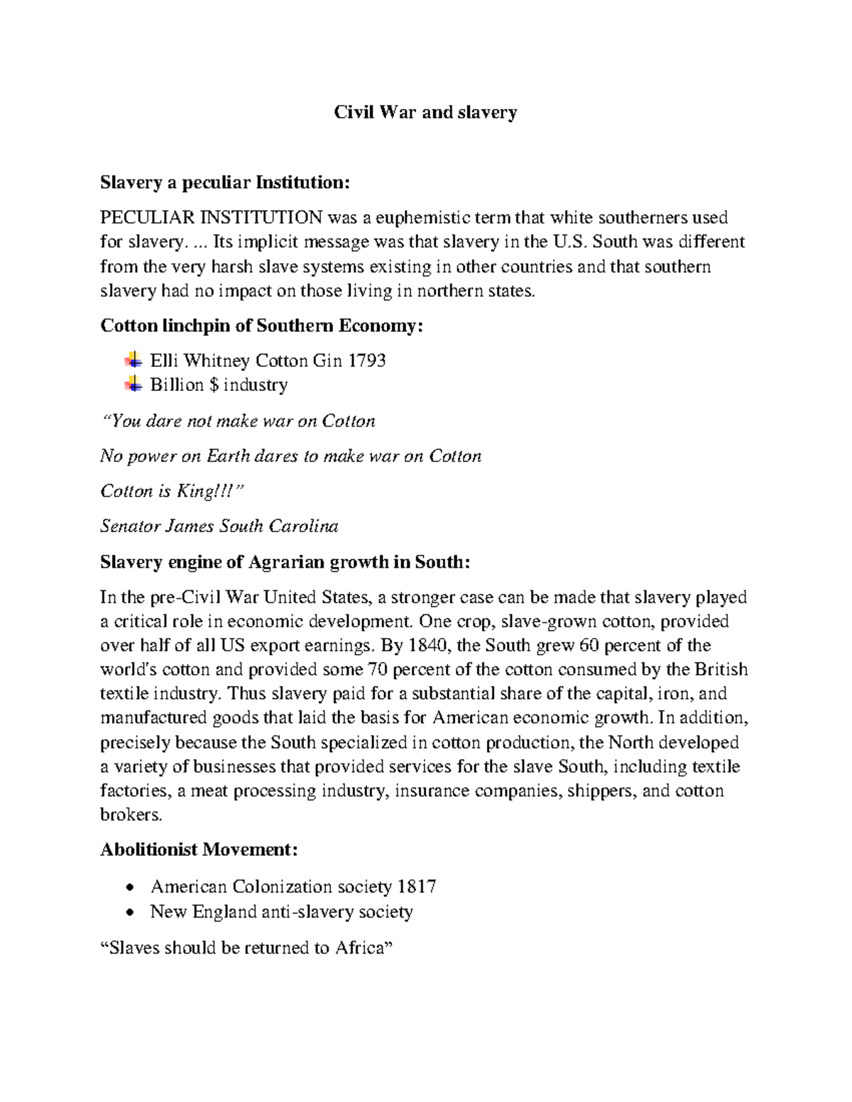 Civil War pdf - study material - Civil War and slavery Slavery a ...