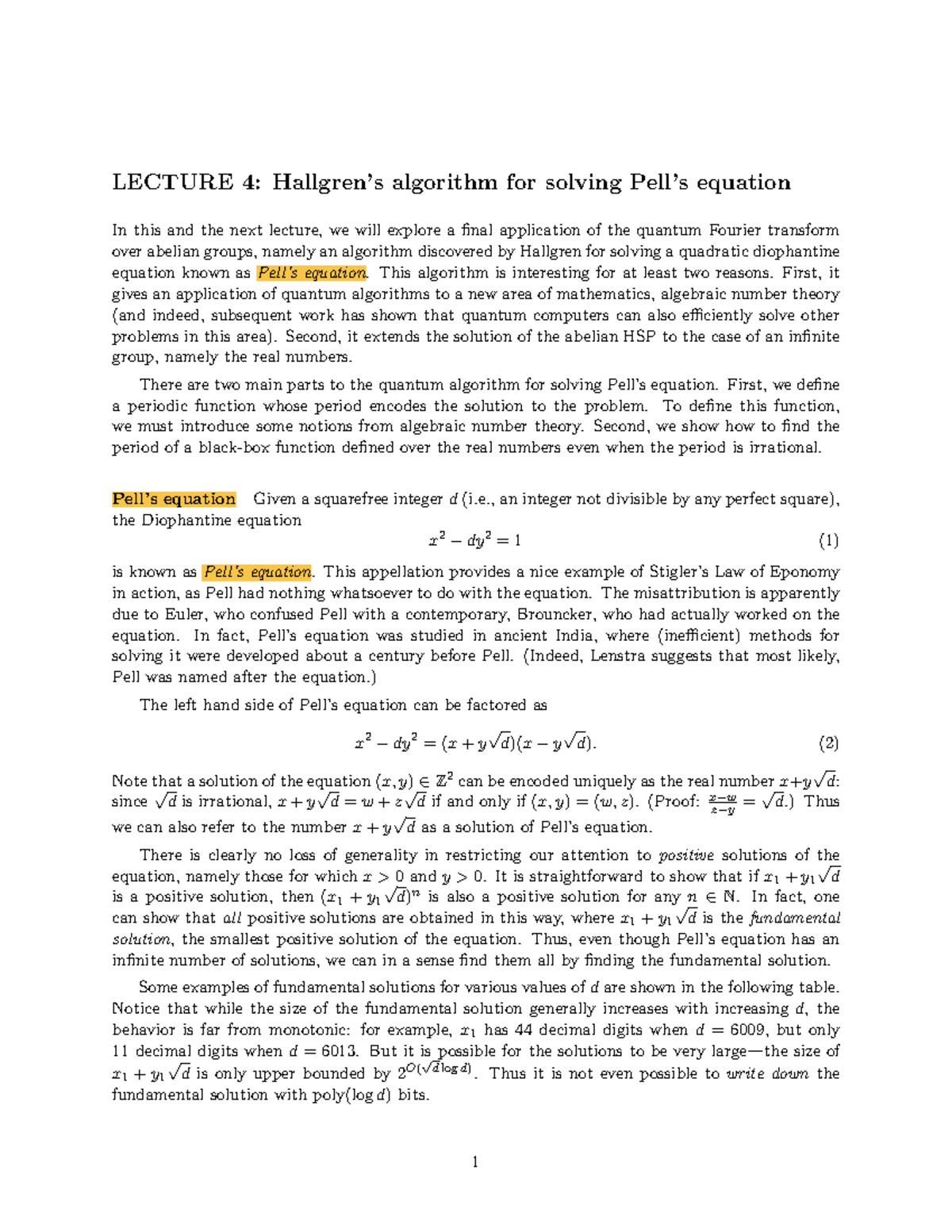 LECTURE 4: Hallgren’s algorithm for solving Pell’s equation - Quantum ...