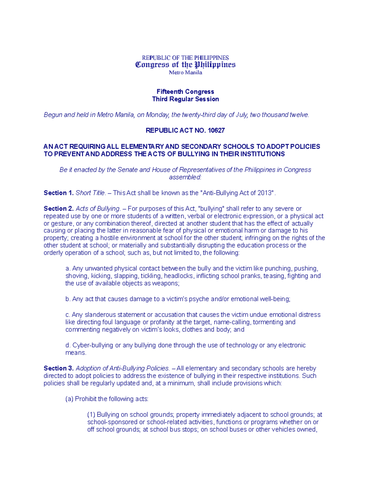 Republic ACT NO. 10627 - Credits to the Rightful owners of this ...