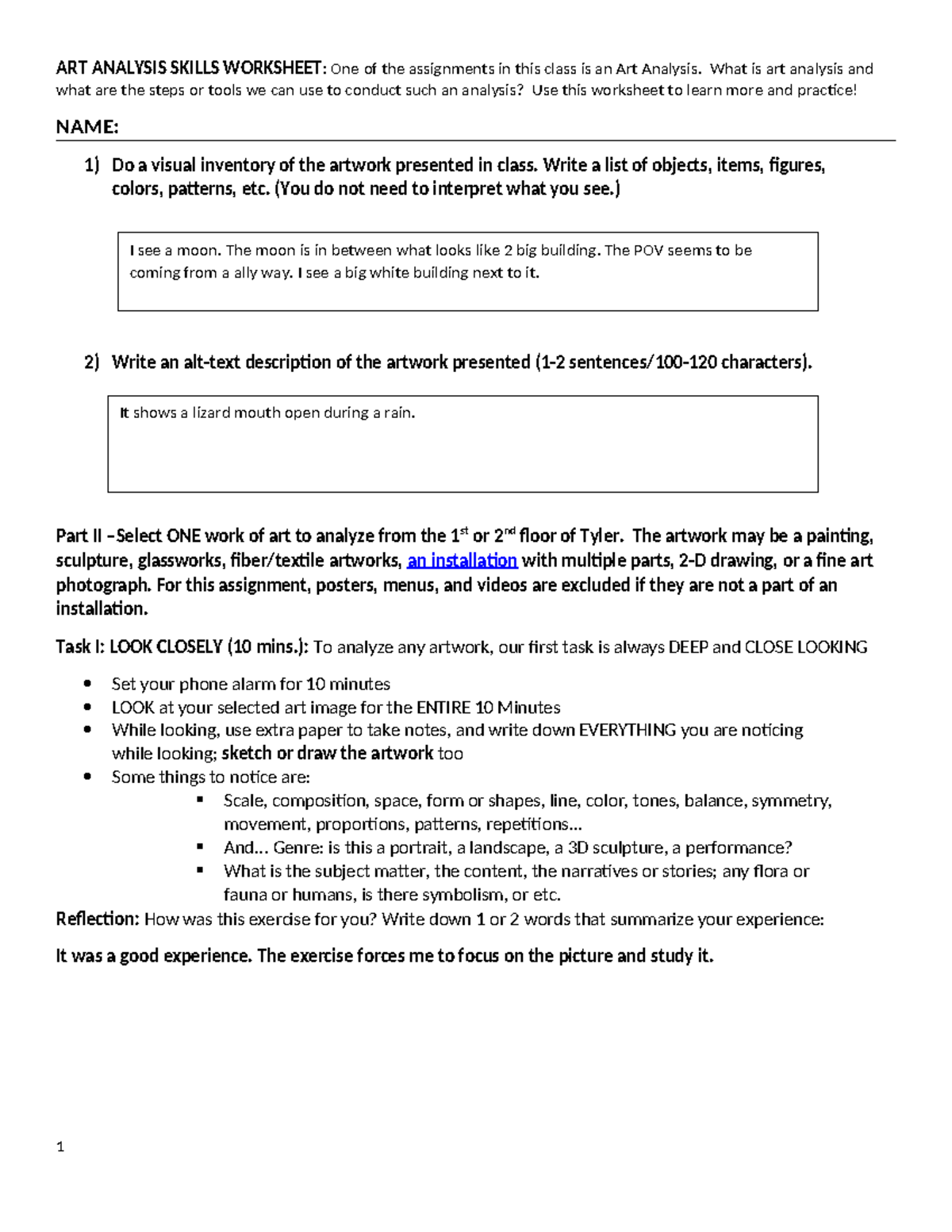 Art Analysis Skills Worksheet SP2024 - ART ANALYSIS SKILLS WORKSHEET ...
