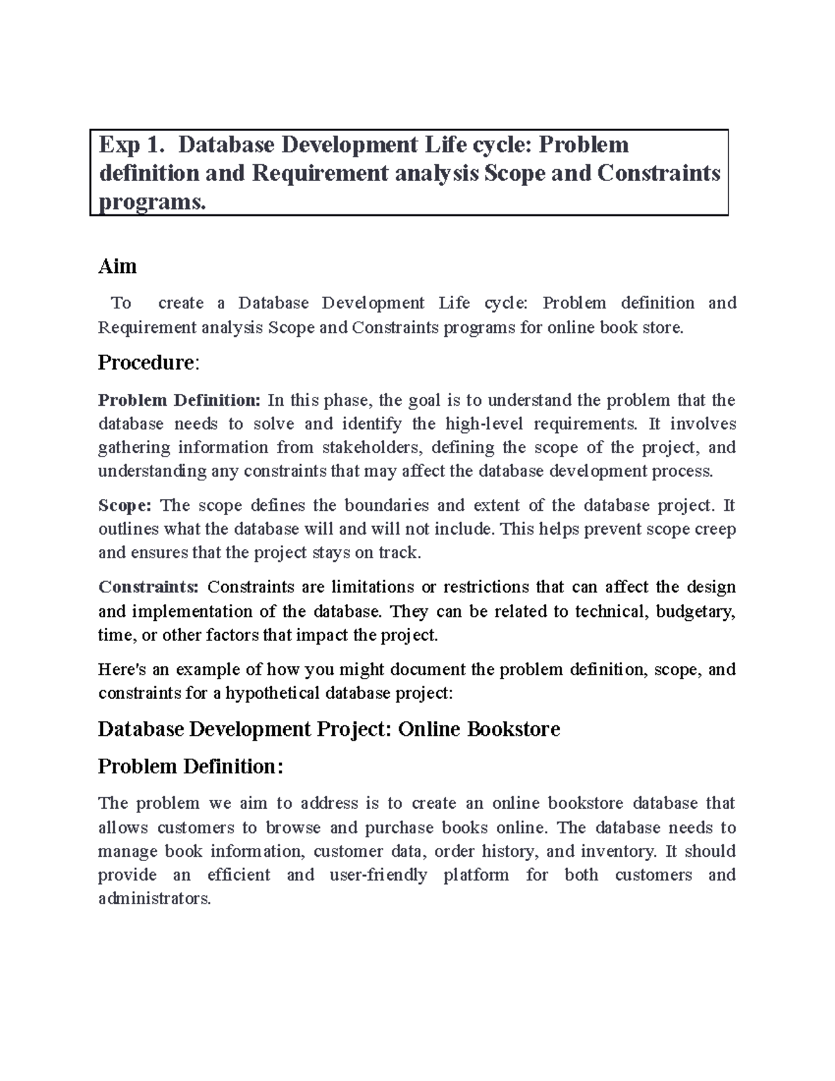 AD3381 LAB Manual - Exp 1. Database Development Life cycle: Problem definition and Requirement ...