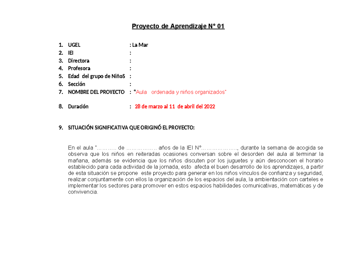 Proyec. 1 .AULA Ordenada Y Niños Organizados - Proyecto de Aprendizaje ...