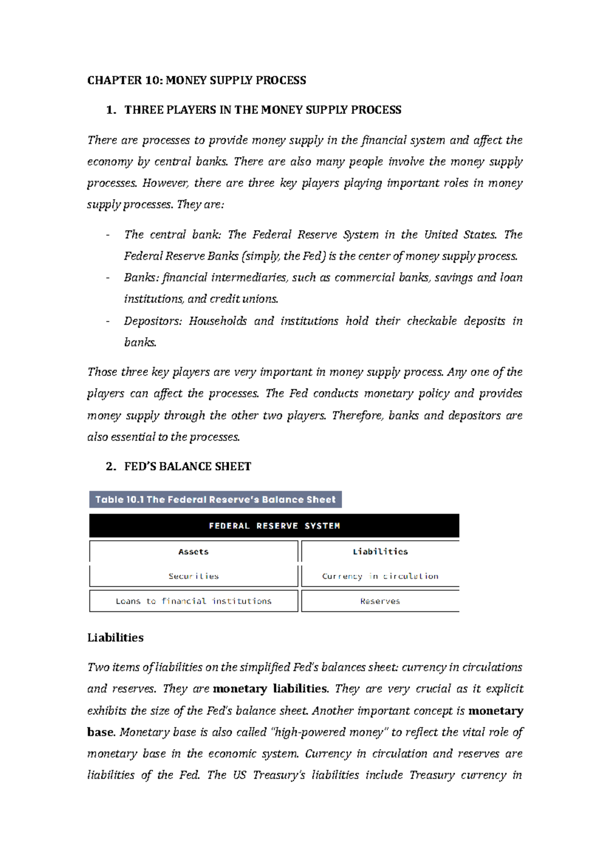Chapter 10 - CHAPTER 10: MONEY SUPPLY PROCESS 1. THREE PLAYERS IN THE ...