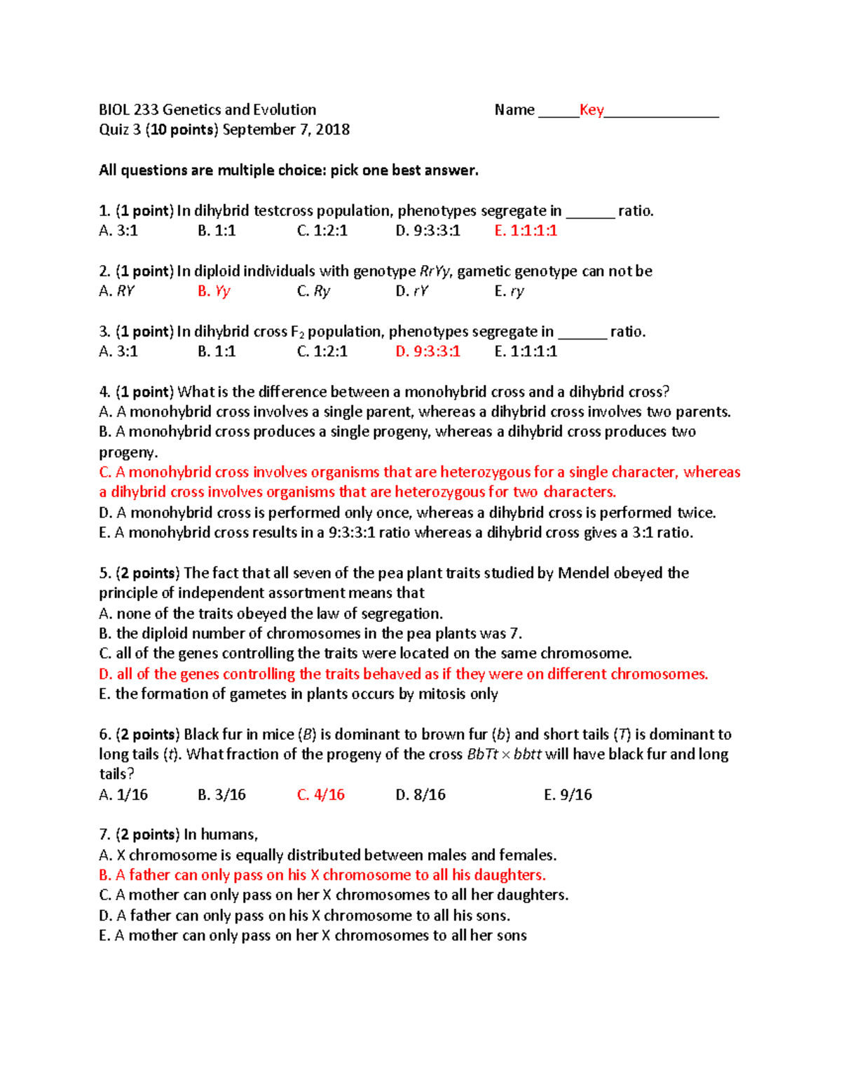 Q 3 Key - Q 3 Key - BIOL 233 Genetics and Evolution Name Key ...