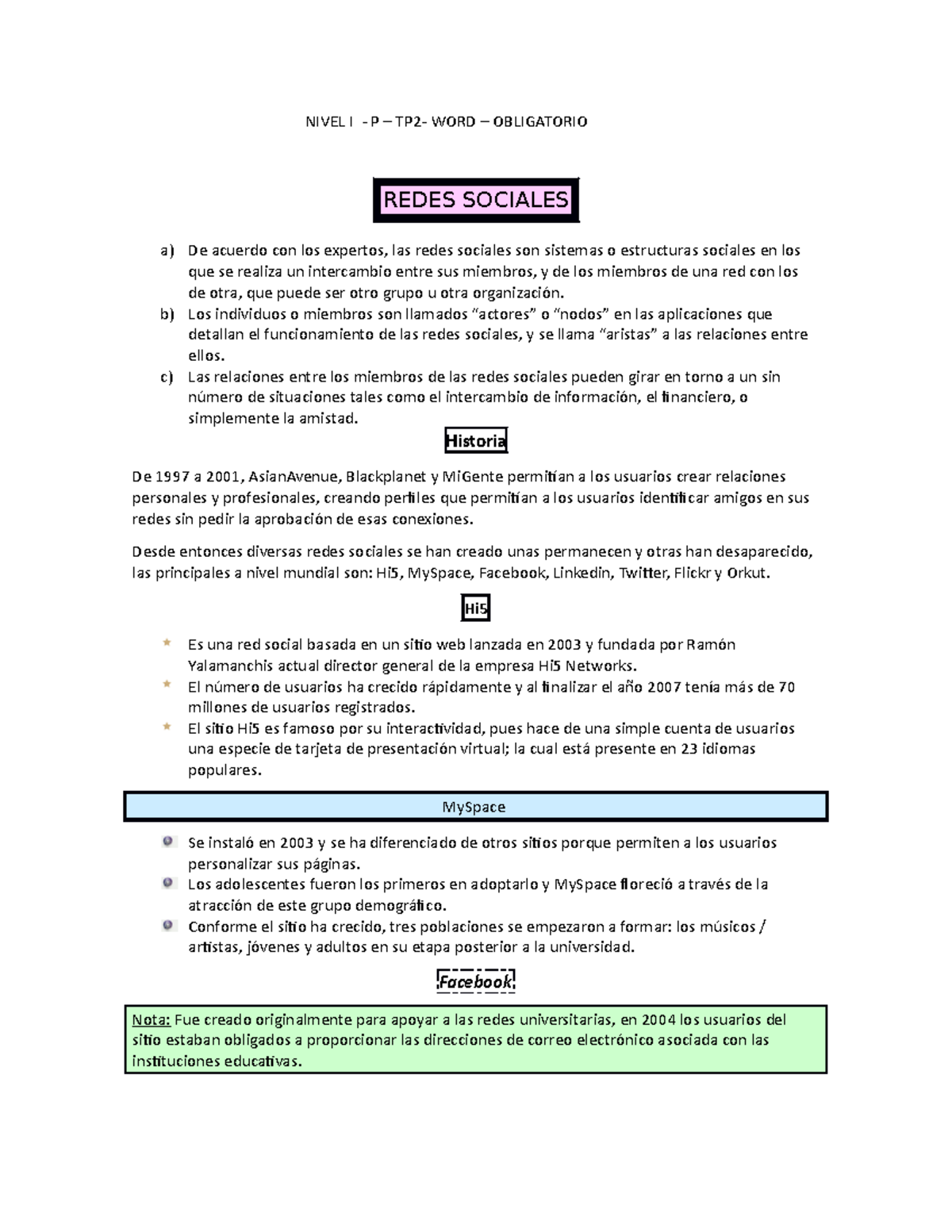 Word2016-TP2- Obligatorio - NIVEL I - P – TP2- WORD – OBLIGATORIO REDES SOCIALES a) De acuerdo ...