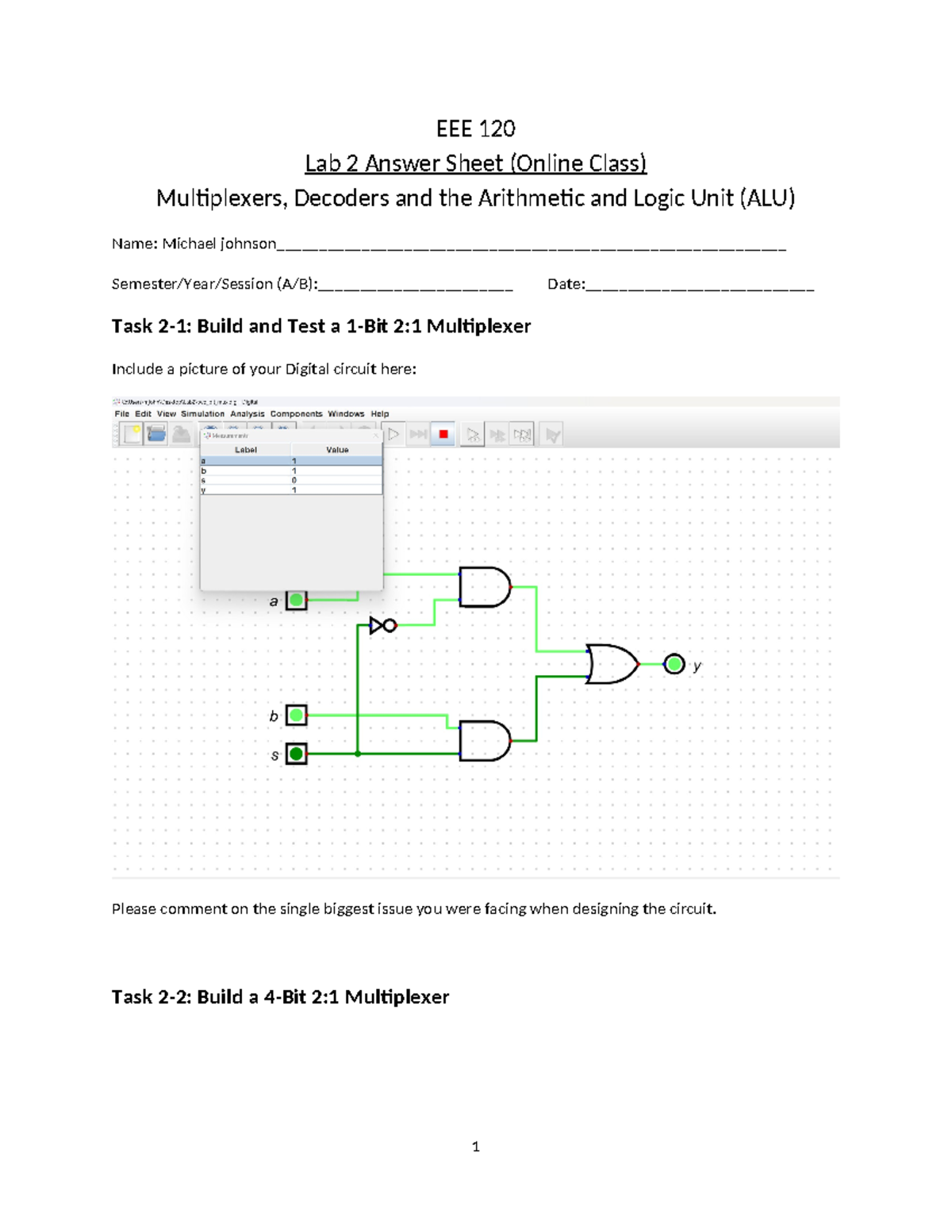 Lab2Template -Lab2 - EEE 120 Lab 2 Answer Sheet (Online Class) Multiplexers, Decoders and the ...
