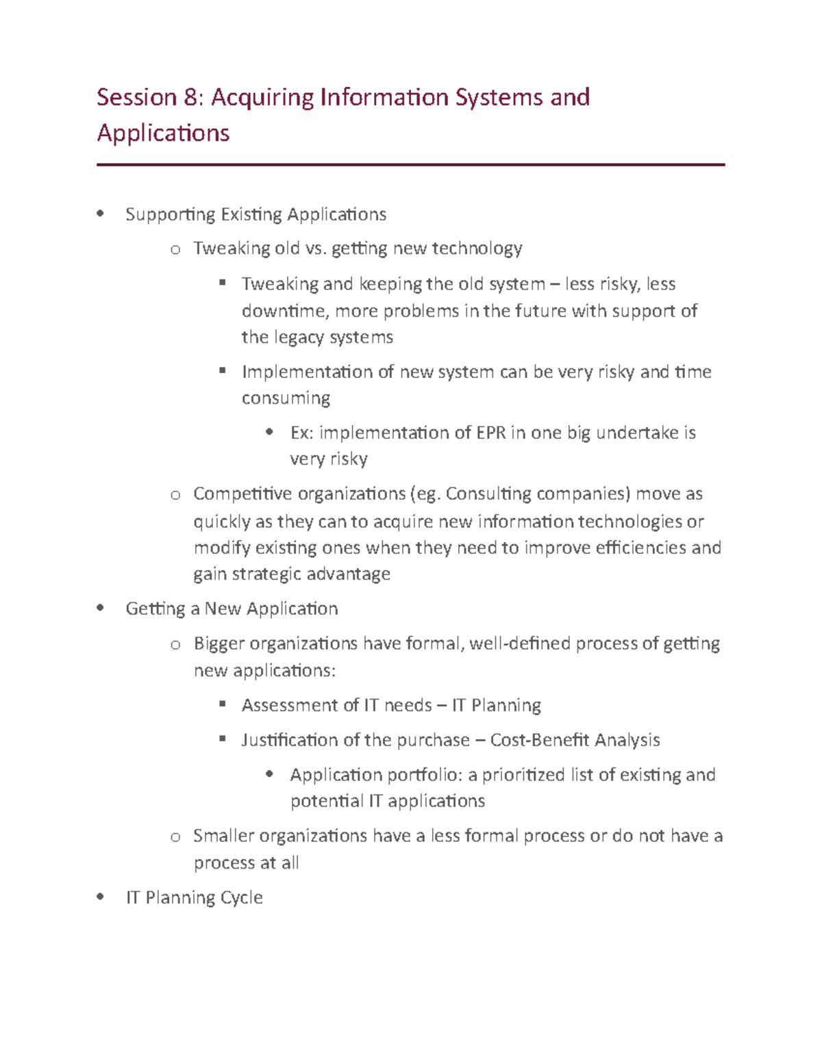 Session 8 Notes - Session 8: Acquiring Information Systems and ...