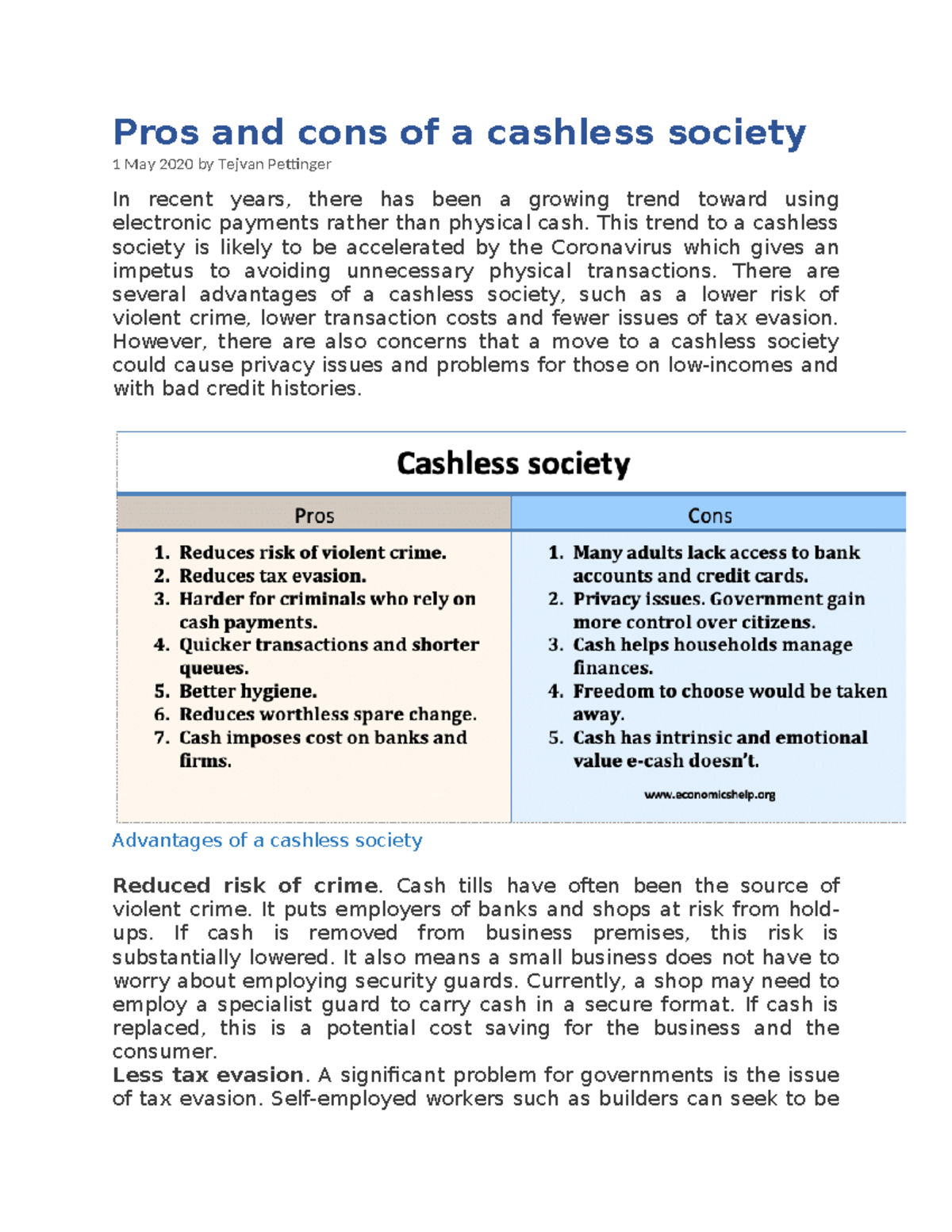 Is Cashless Society Attainable - Pros and cons of a cashless society 1 May 2020 by Tejvan ...